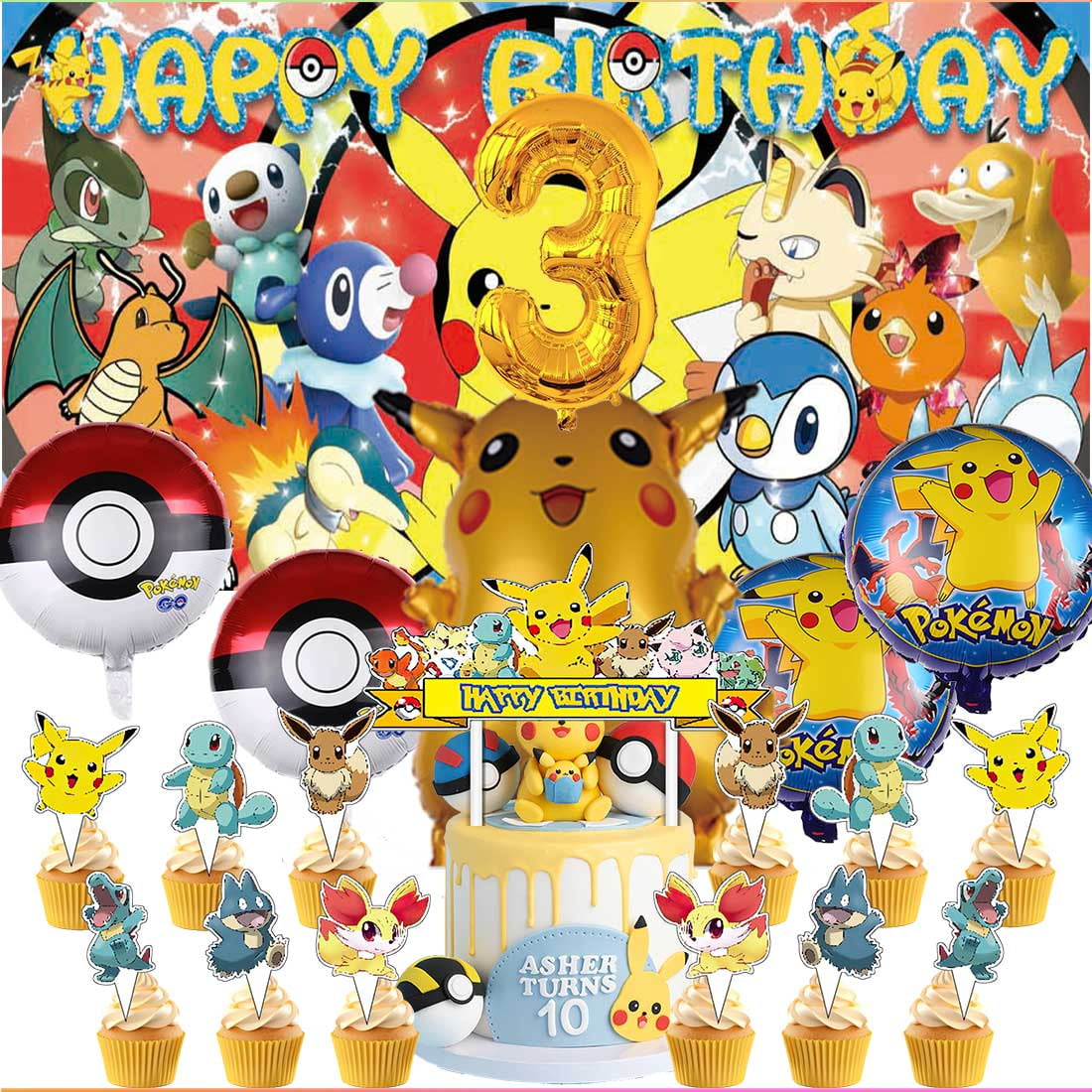 Pokemon Party Supplies Decor 3rd Kit Balloons Birthday Cake Topper ...