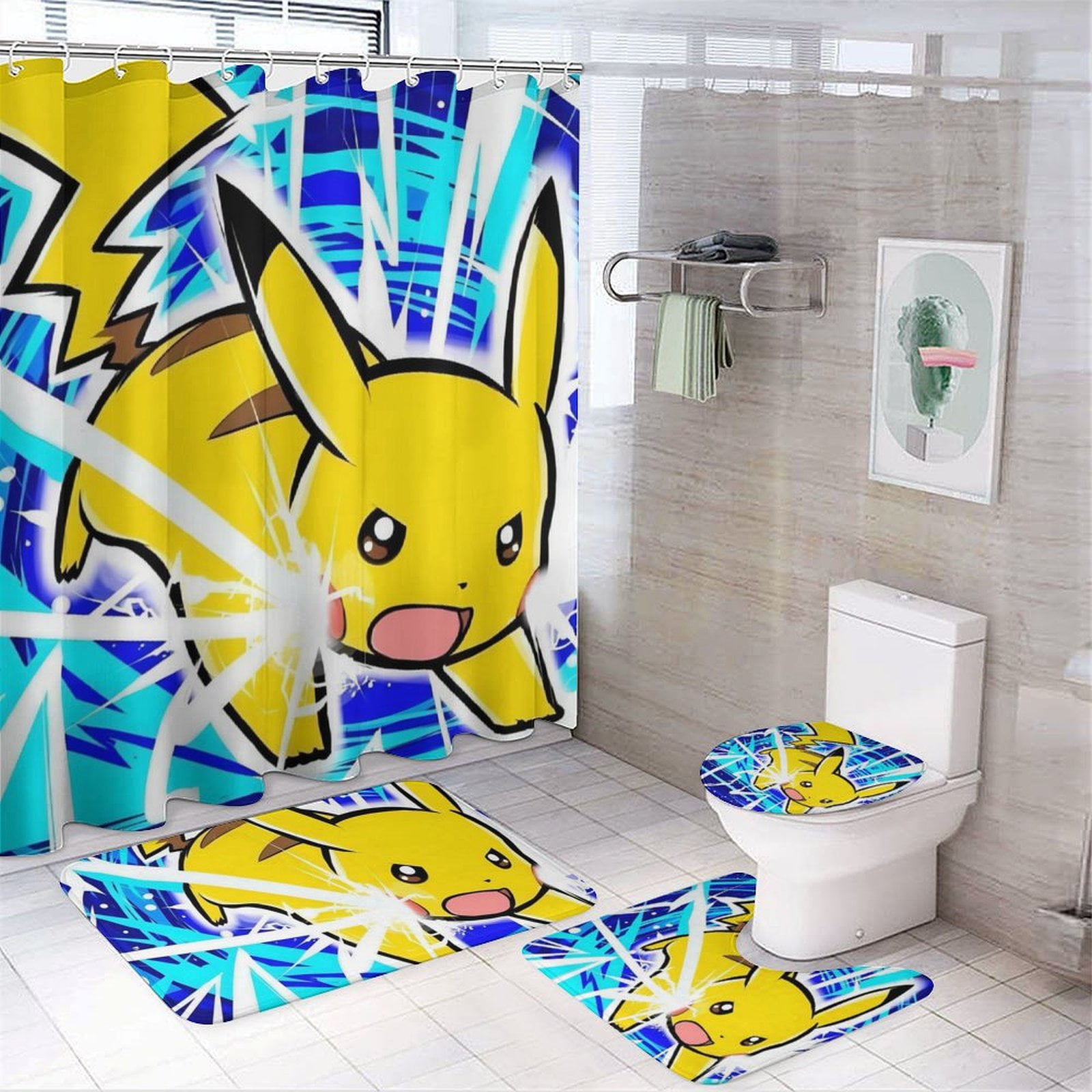 Pokemon Pikachu 4-piece Shower Curtain Set Non-slip Carpet Toilet Seat ...