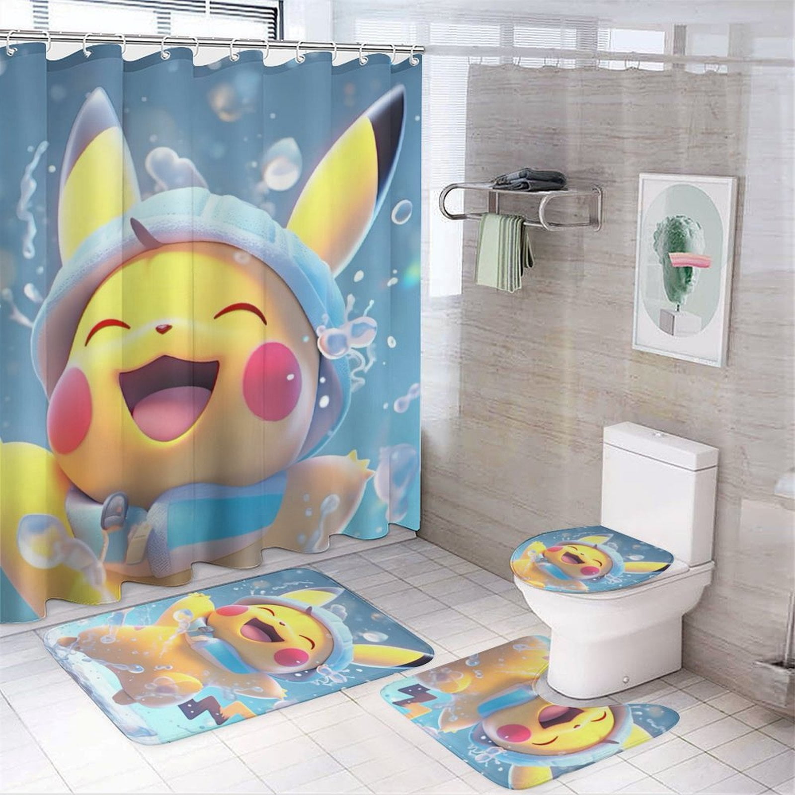 Pokemon Pikachu Cartoon 4-piece Shower Curtain Set Non-slip Carpet ...