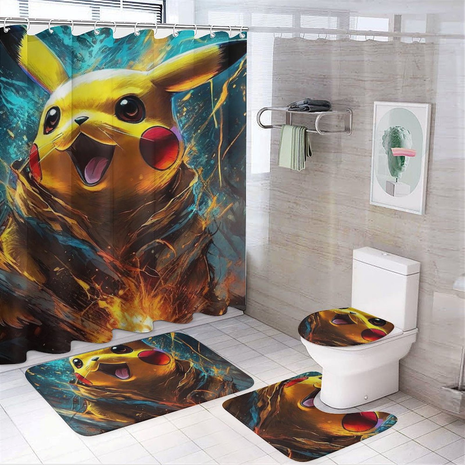 Pokemon_Pikachu Cartoon Shower Curtain Set for Bathroom 4 Piece ...