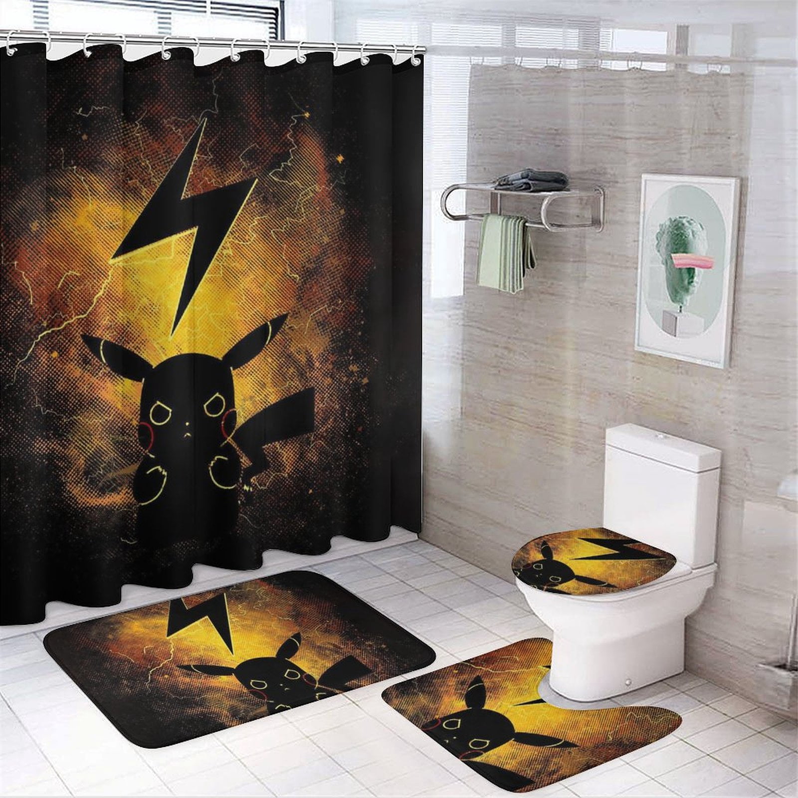 Pokemon_Pikachu Cartoon Shower Curtain Set for Bathroom 4 Piece ...