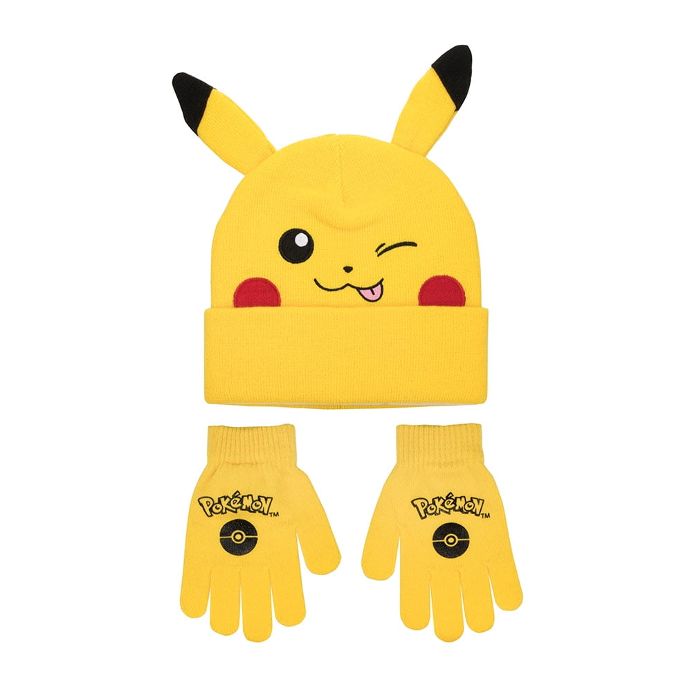 Pokemon Kids Trainer Pikachu Cuff Hat With 3D Ears And Matching Gloves ...
