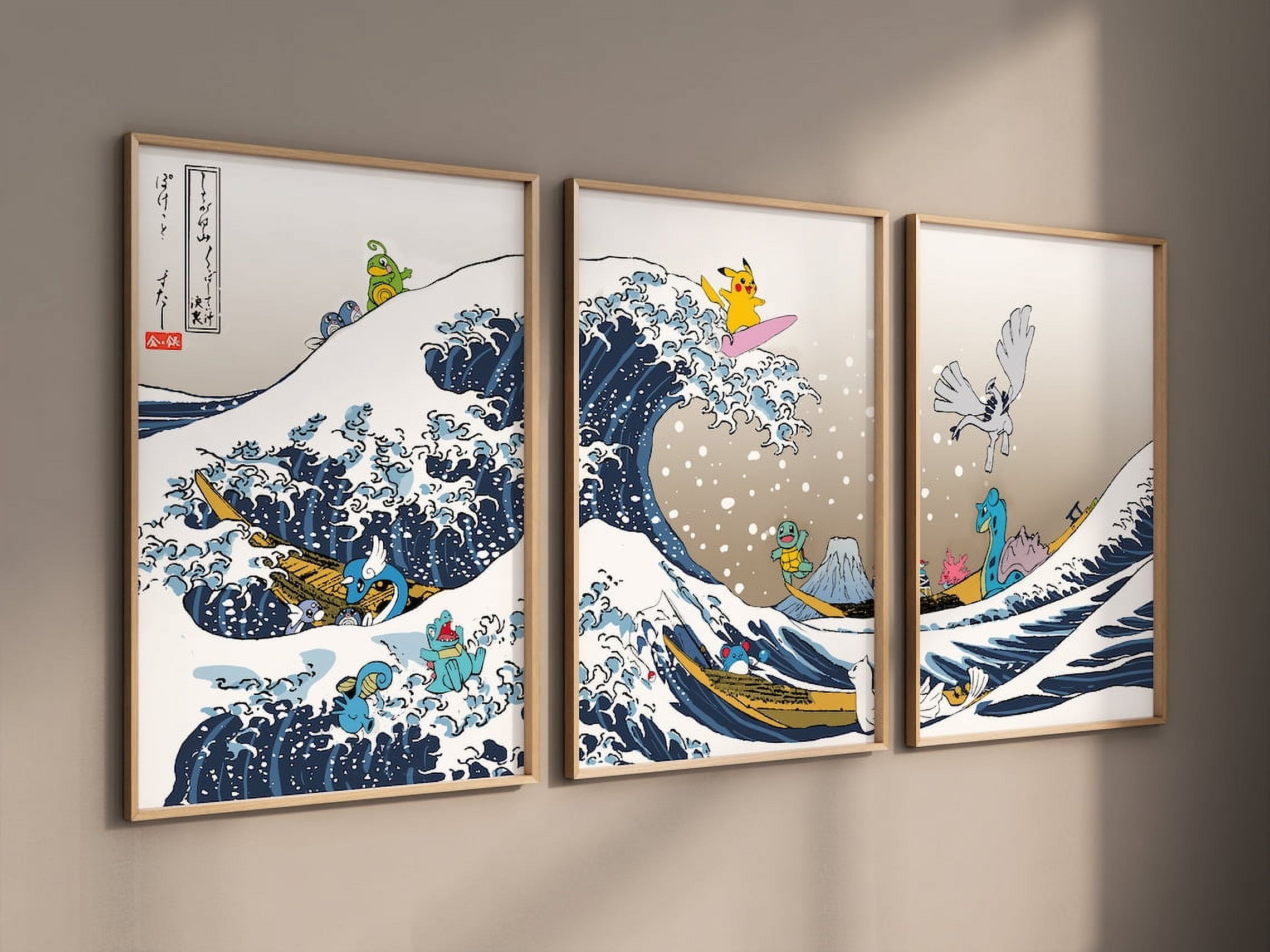 Pokemon Poster Set of 3 Wall Art Print, Pokemon Art, The Great Wave Art ...