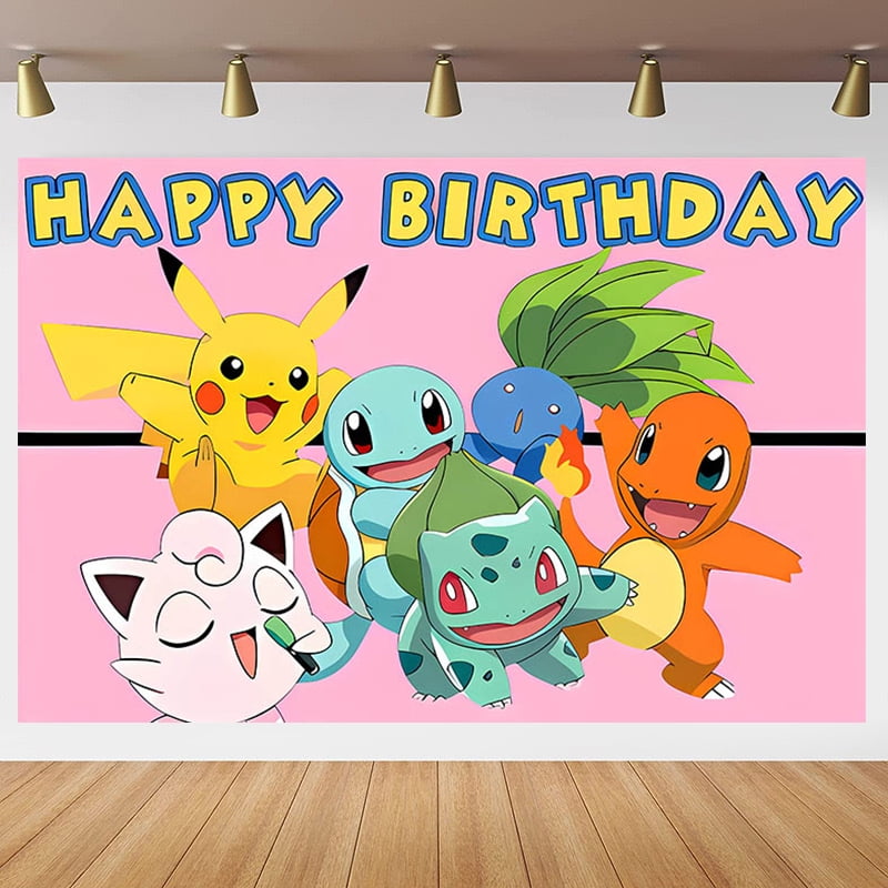 Pokemon Theme Backdrop,Pink cartoon characters Birthday Party Supplies ...