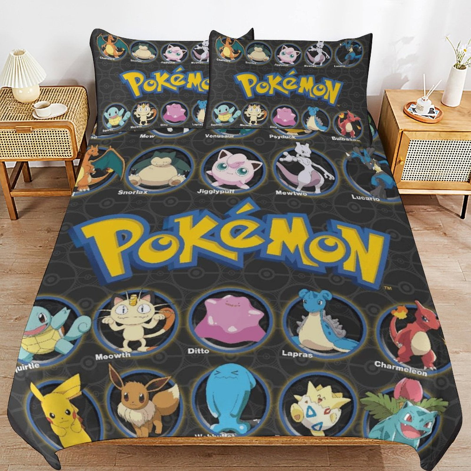 Poken+Pikachu 3-piece double bedding set with quilt cover and pillows ...