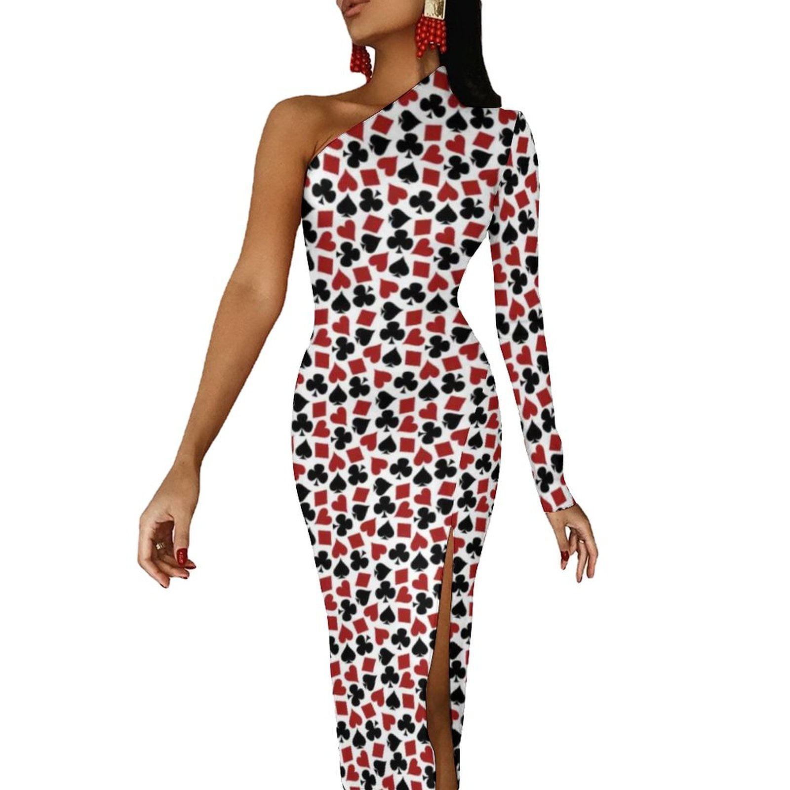 Poker Cards Maxi Dress Long Sleeve Red Heart Streetwear Bodycon Dresses ...