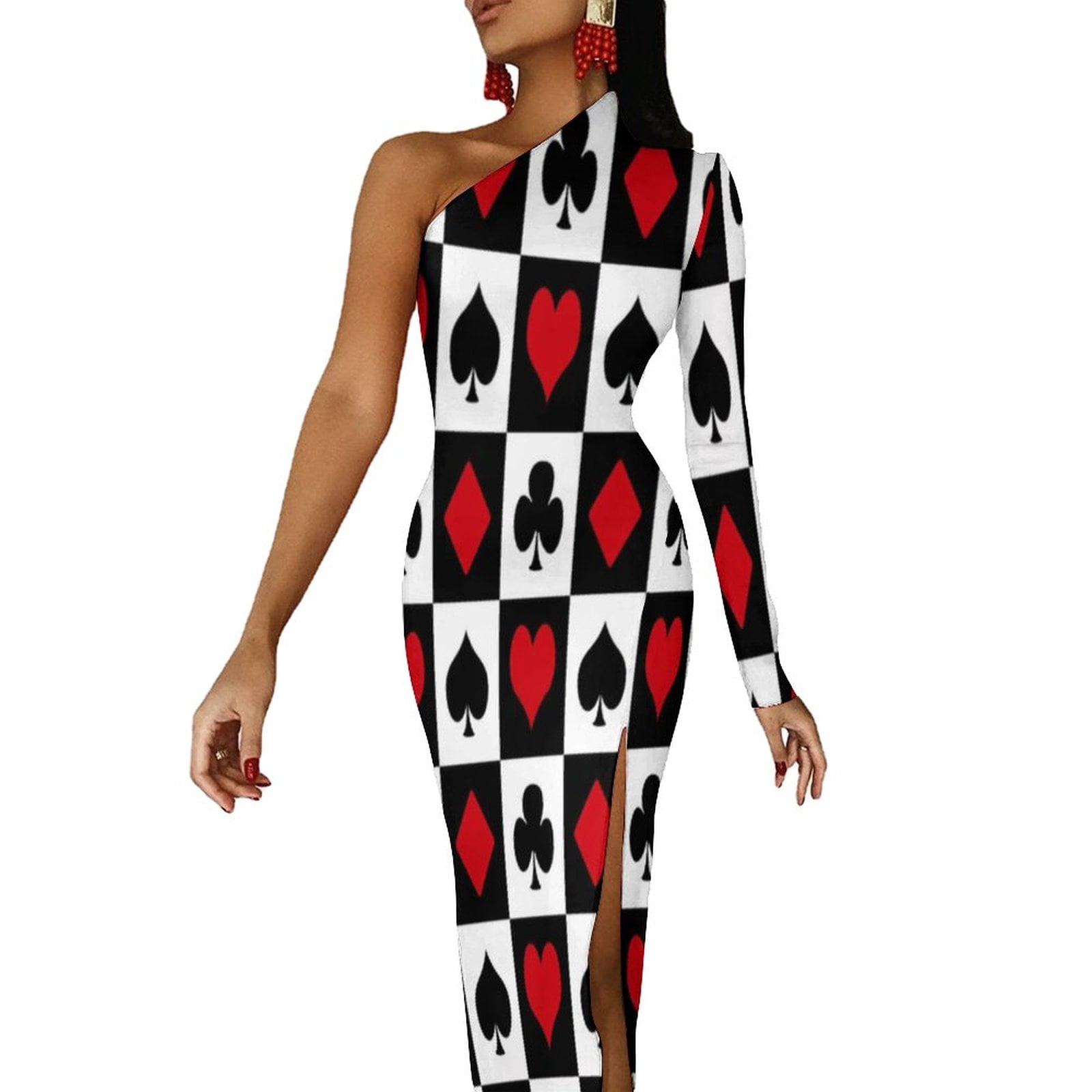 Poker Cards Maxi Dress Long Sleeve Red Heart Streetwear Bodycon Dresses ...