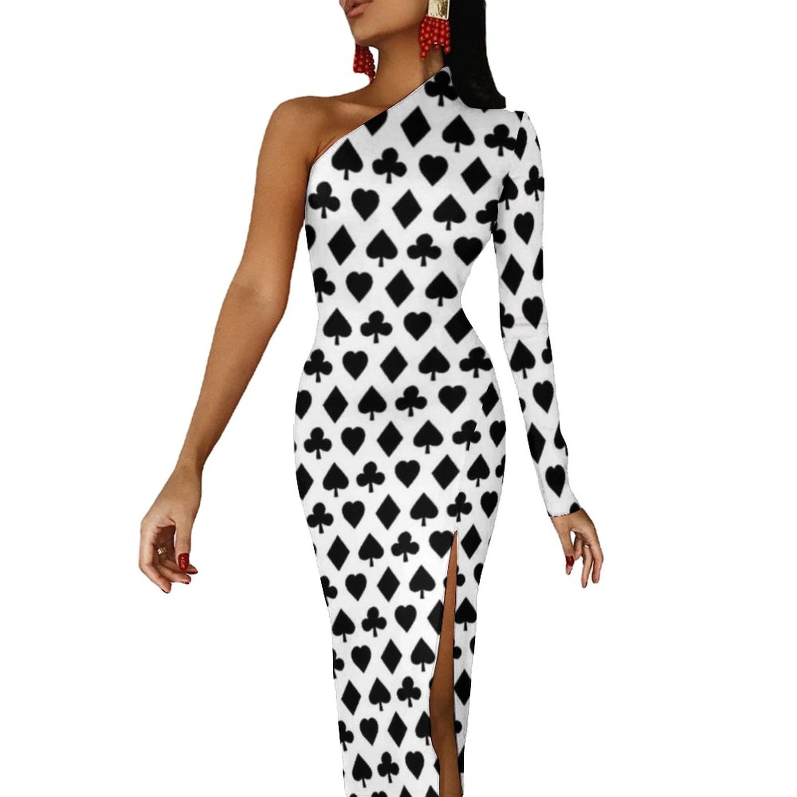 Poker Cards Maxi Dress Long Sleeve Red Heart Streetwear Bodycon Dresses ...