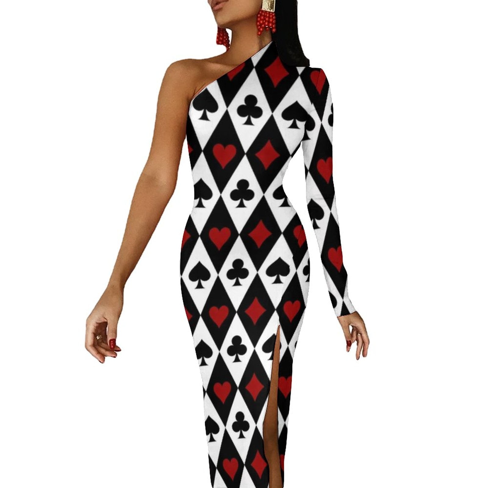 Poker Cards Maxi Dress Long Sleeve Red Heart Streetwear Bodycon Dresses ...