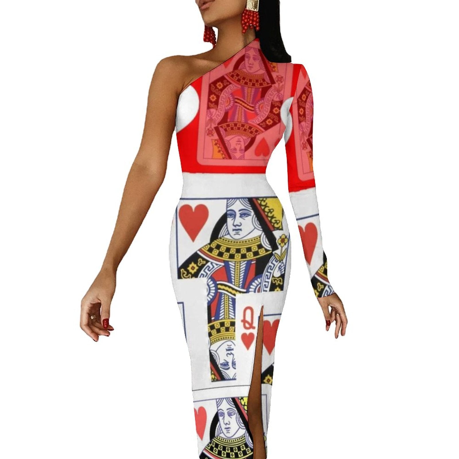 Poker Cards Maxi Dress Long Sleeve Red Heart Streetwear Bodycon Dresses ...