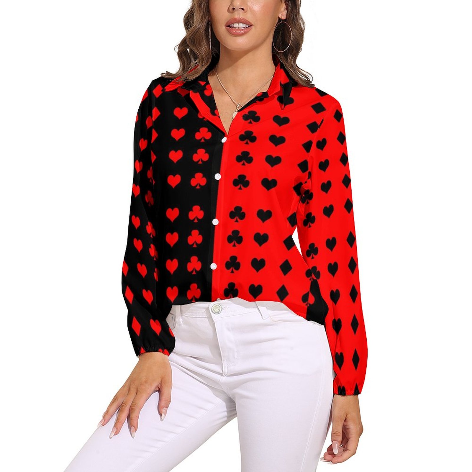 Poker Cards Print Blouse Female Card Suits Casual Loose Blouses Long ...