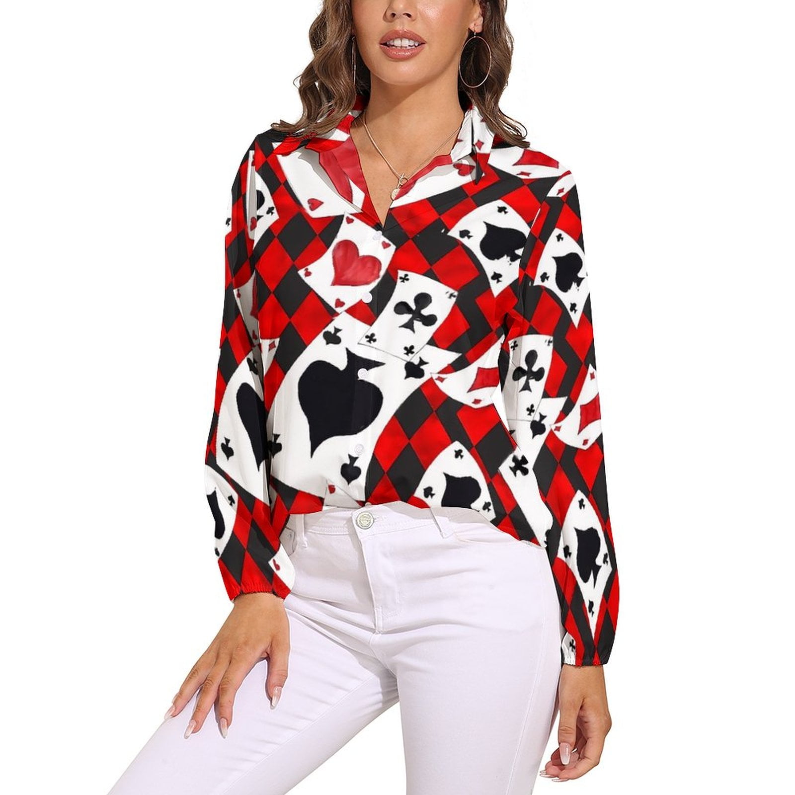Poker Cards Print Blouse Female Card Suits Casual Loose Blouses Long ...