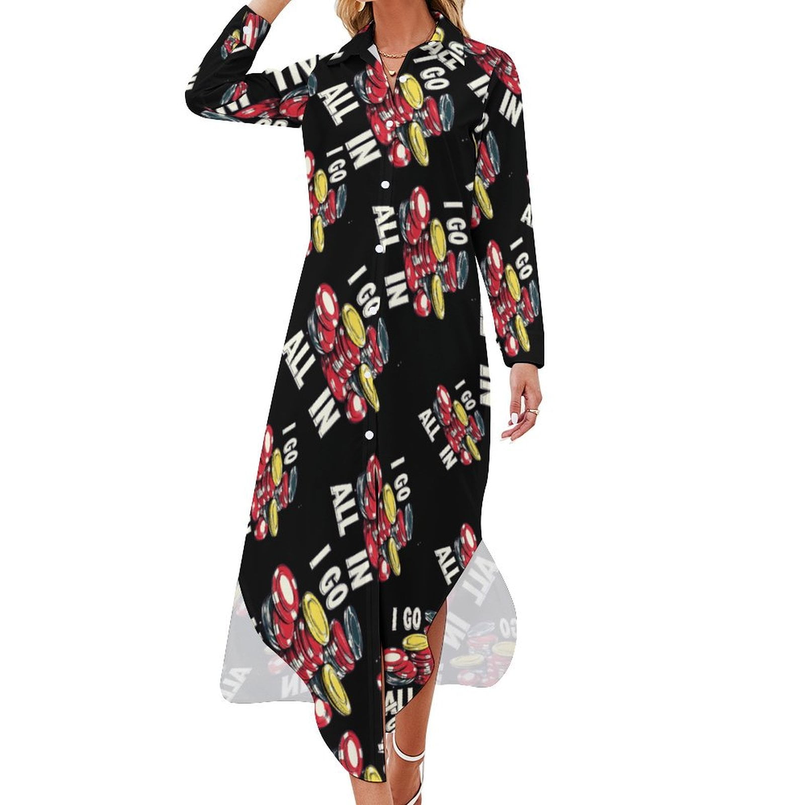 Poker Chips I Go All In Women's Maxi T Shirt Dress Long Sleeve Lapel ...