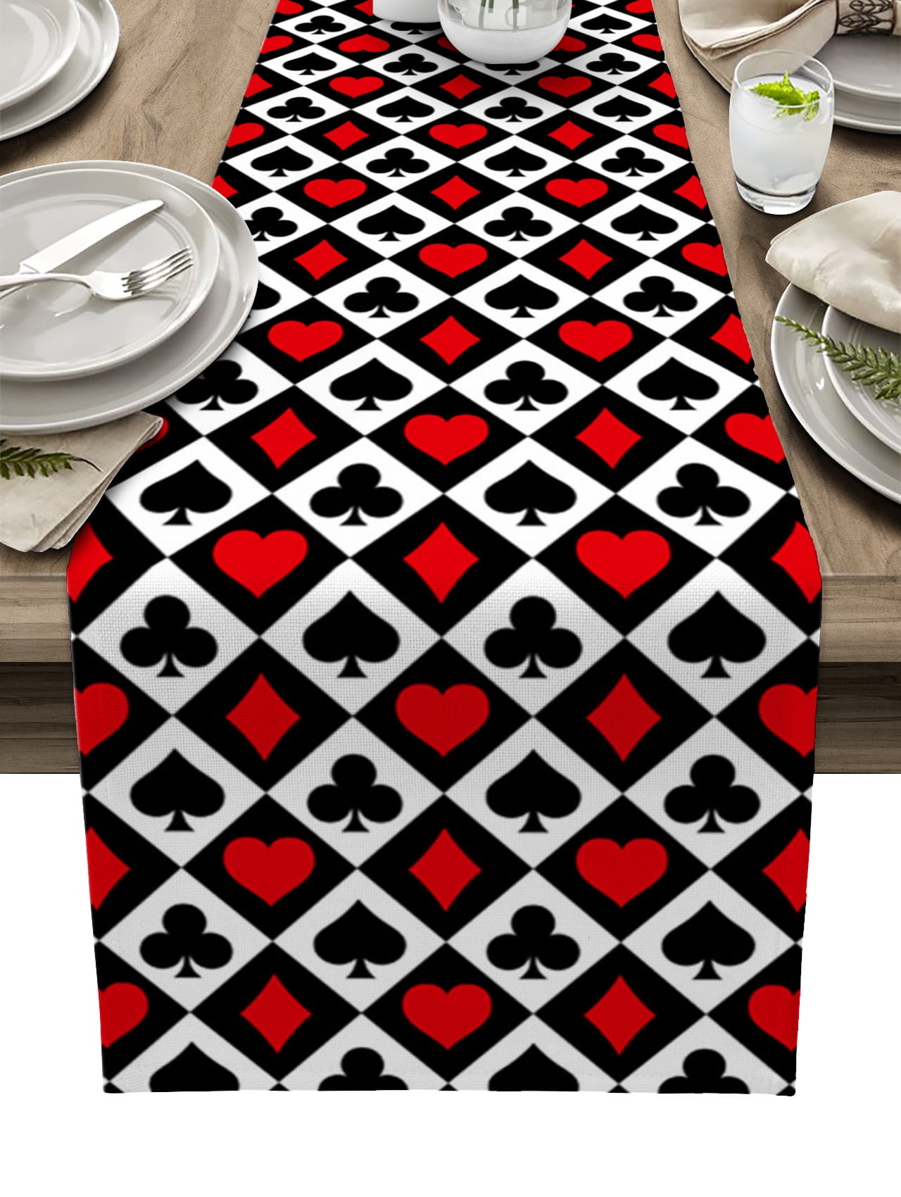 Poker Plaid Texture Spontaneous Red Heart Plum Square Flag Table Runner ...