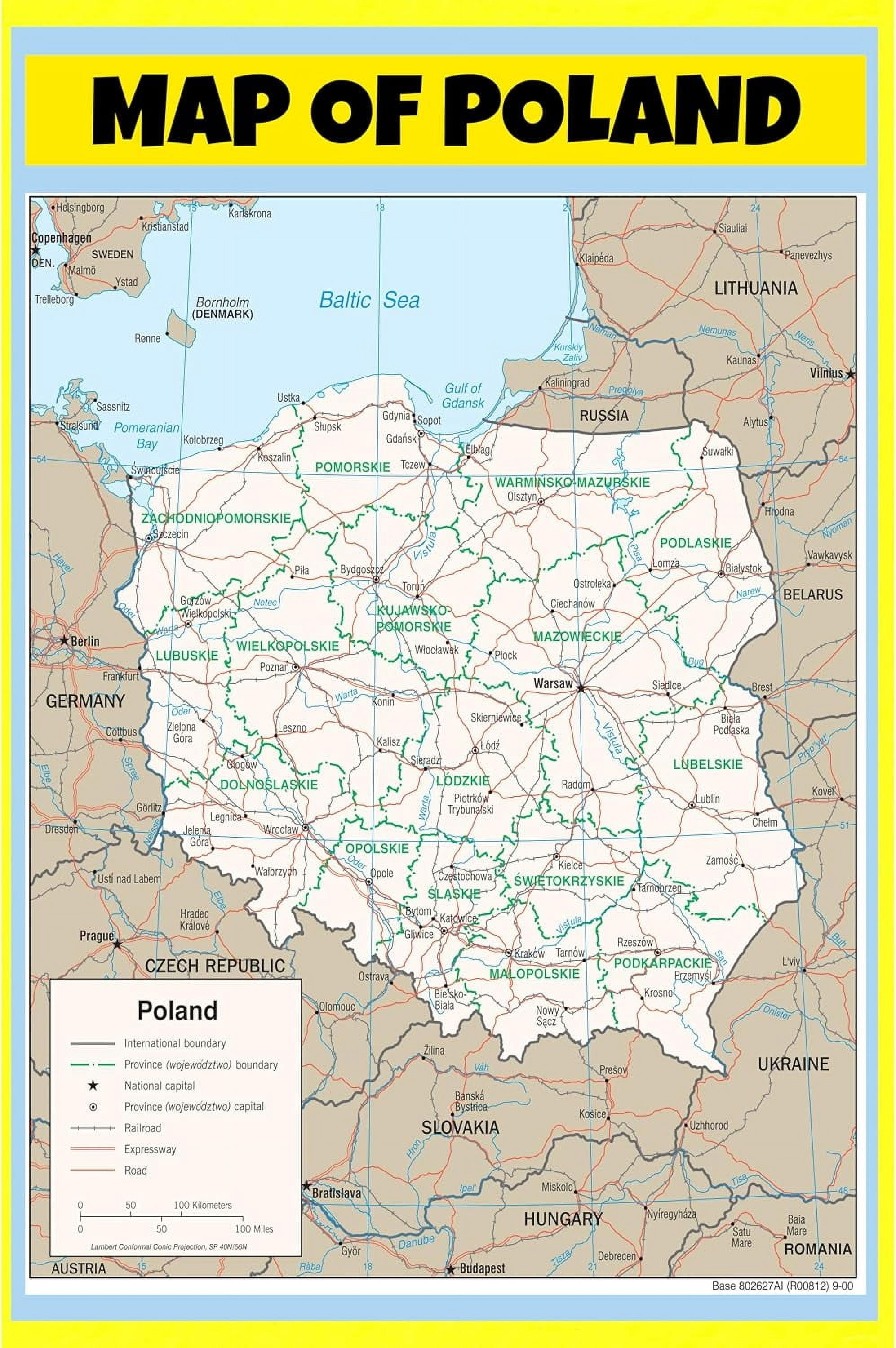 Poland Map Poster - Laminated Wall Map - 24x36 - Ideal for Classrooms and Homes – Features ...