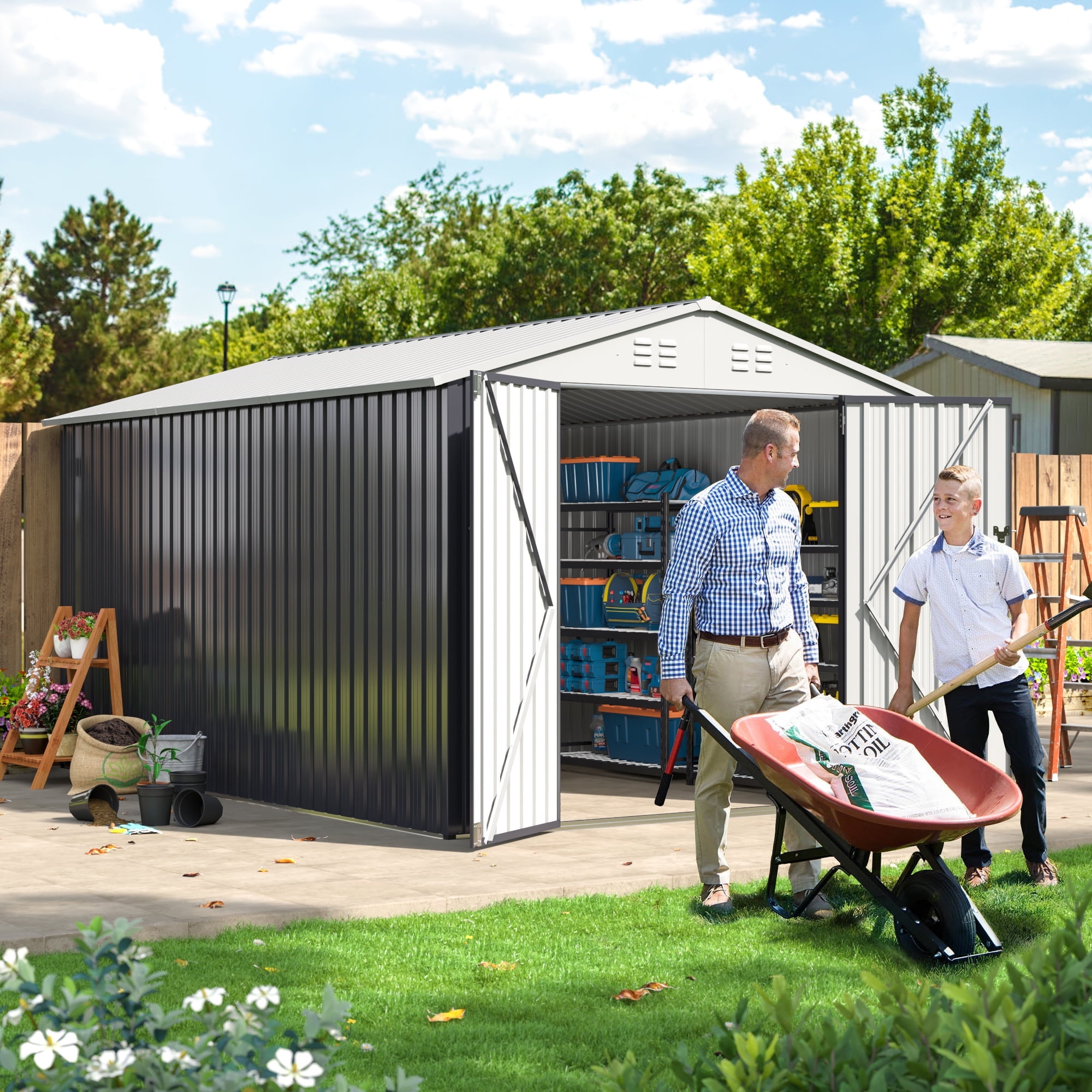Polar Aurora Metal Waterproof Storage Shed with Lockable Door, 138.6" x ...