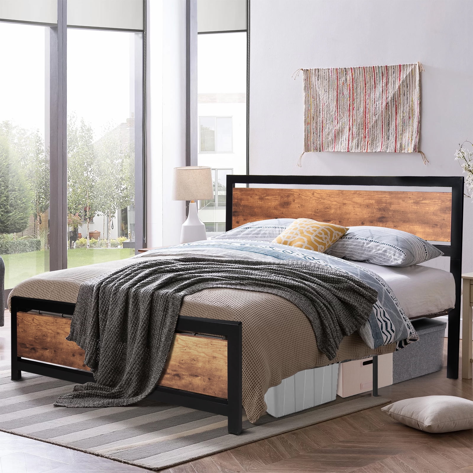 Polar Aurora Queen Bed Frame with Industrial Style Wooden Headboard and ...