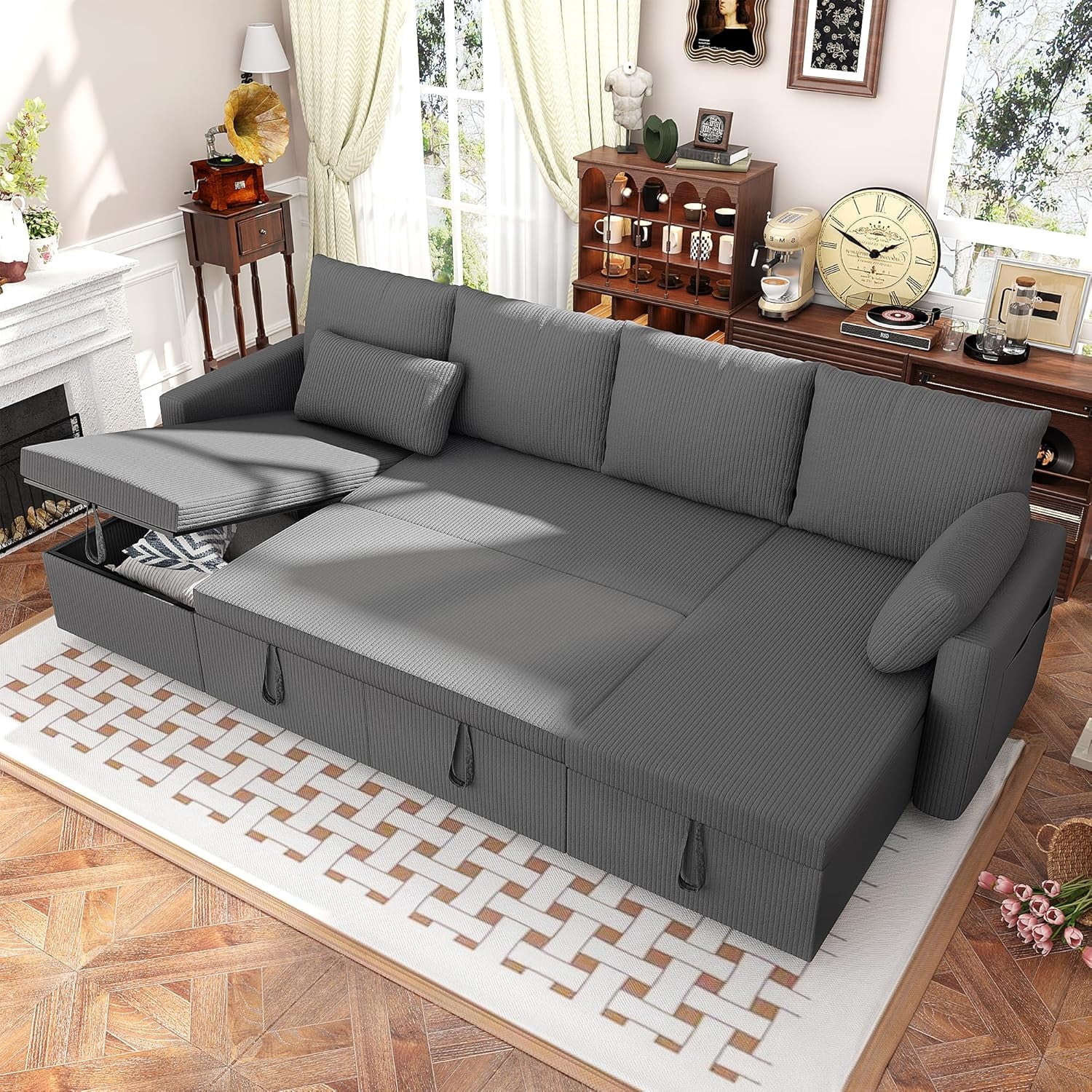 Betisef Sleeper Soft Bed,Pull Out Couch Bed with Storage Chaise,Iron ...