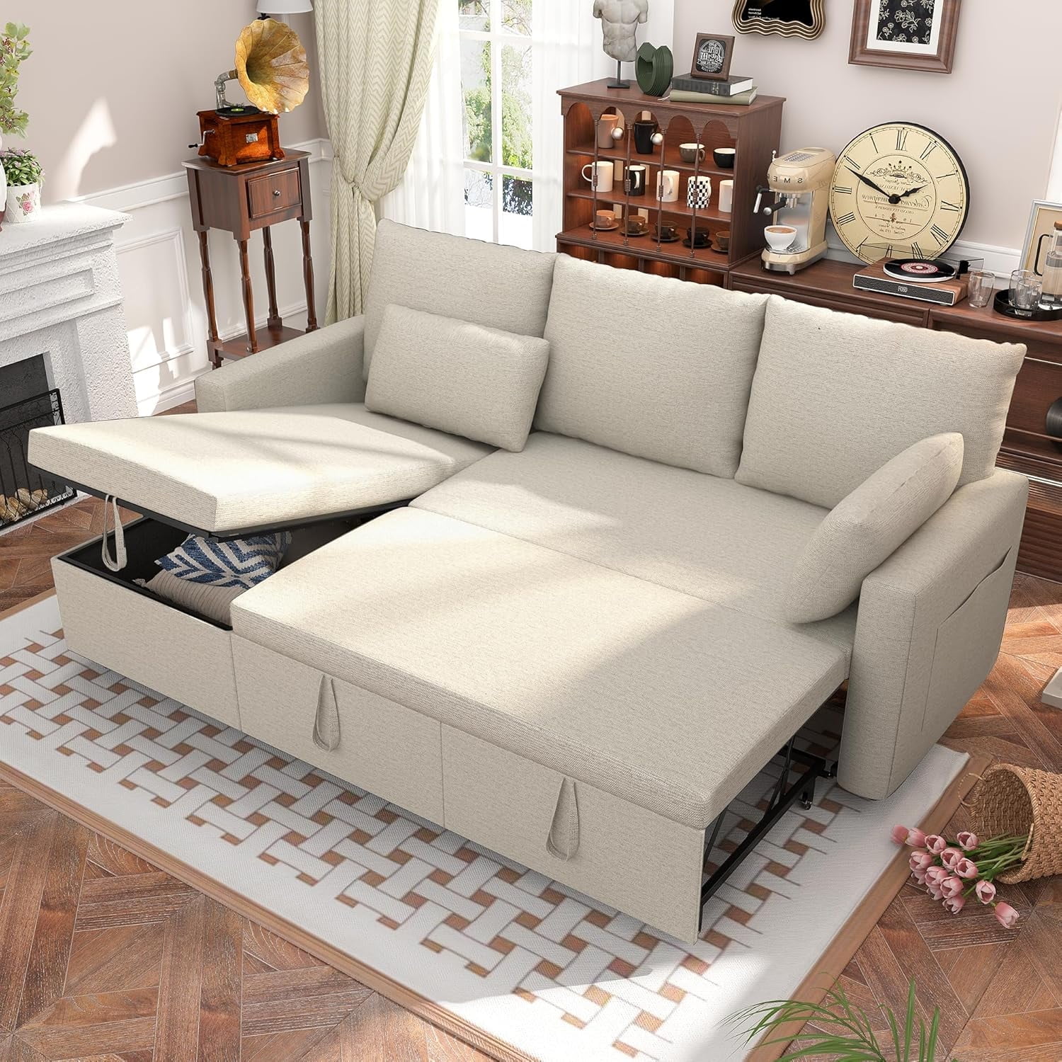Betisef Sleeper Soft Bed,Pull Out Couch Bed with Storage Chaise,Iron ...