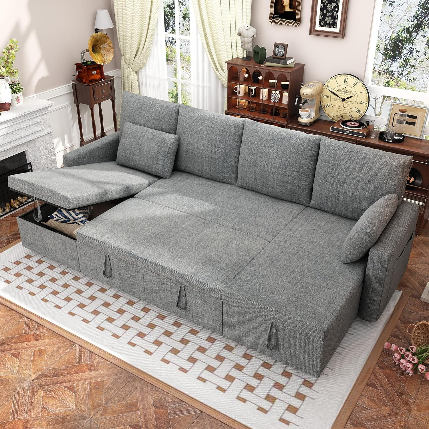 Polar Aurora Sleeper Soft Bed,Pull Out Couch Bed with Storage Chaise ...