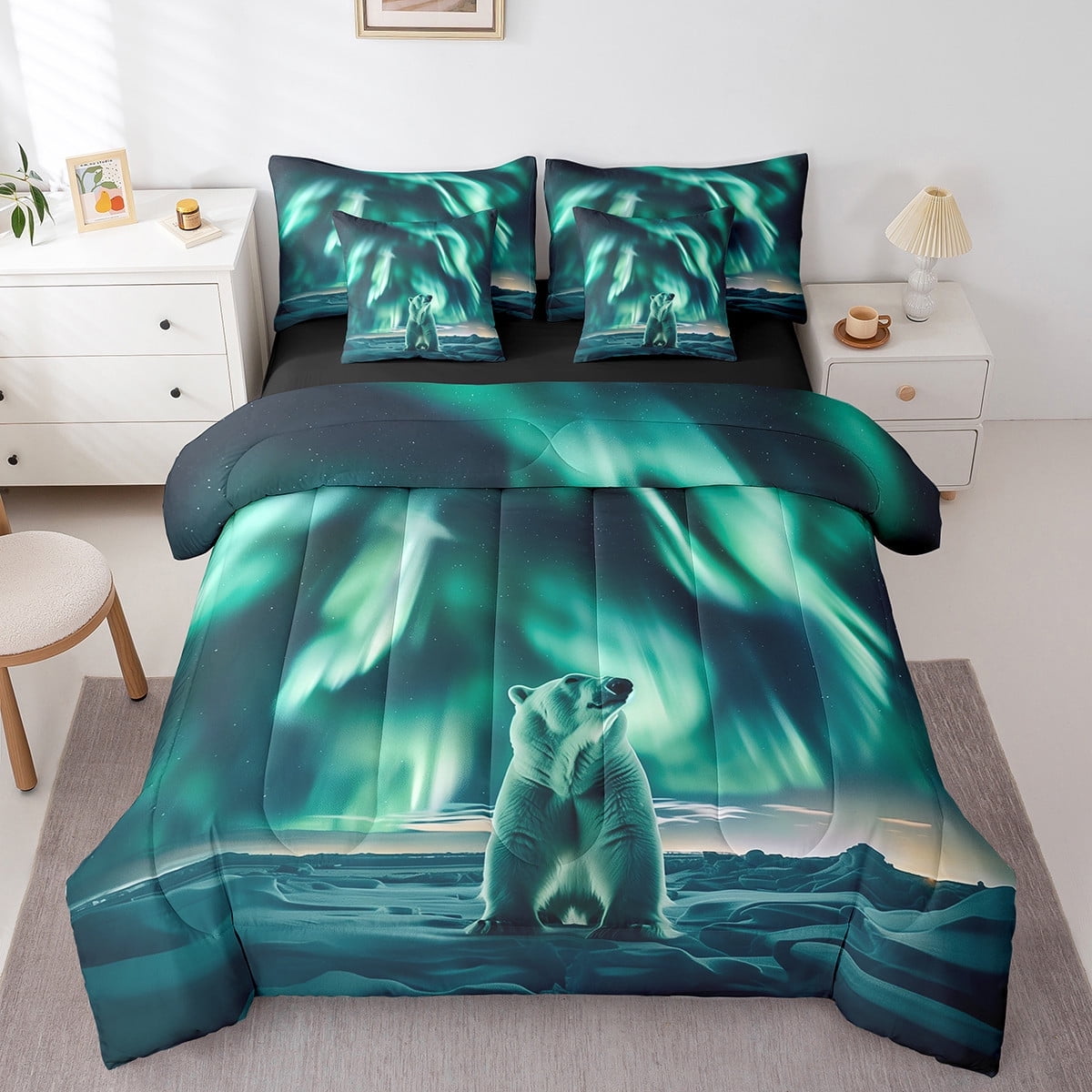 Polar Bear Bedding Set Queen Size,Gradient Green Aurora Comforter Set ...