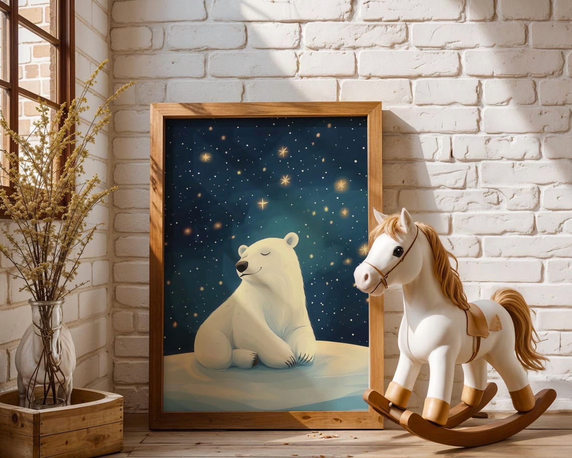 Polar Bear Cub Poster Wall Art, Dreamy Starry Night Cozy Winter Nursery ...