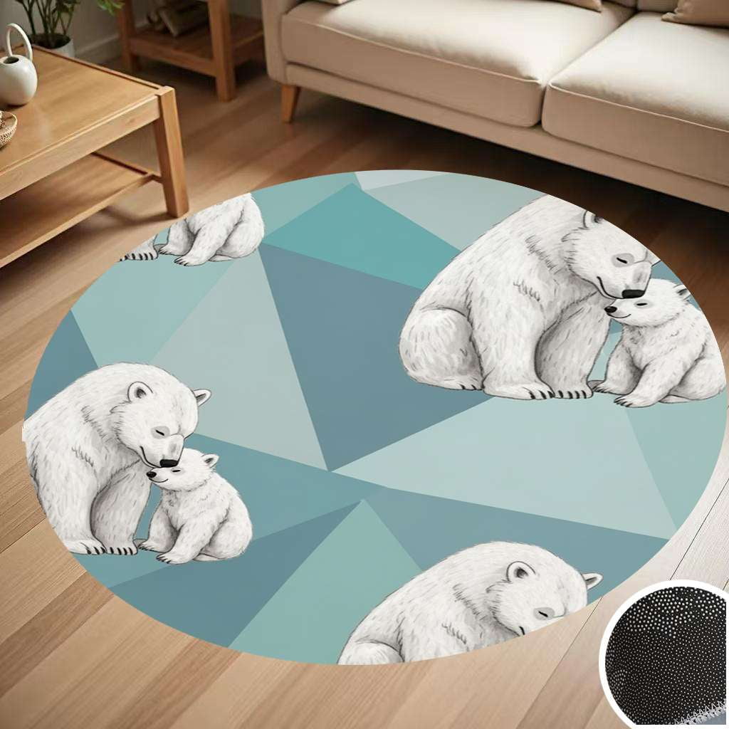 Polar Bear Cubs Cuddle Mama Bears Teal Pattern Round Carpet Living Room ...