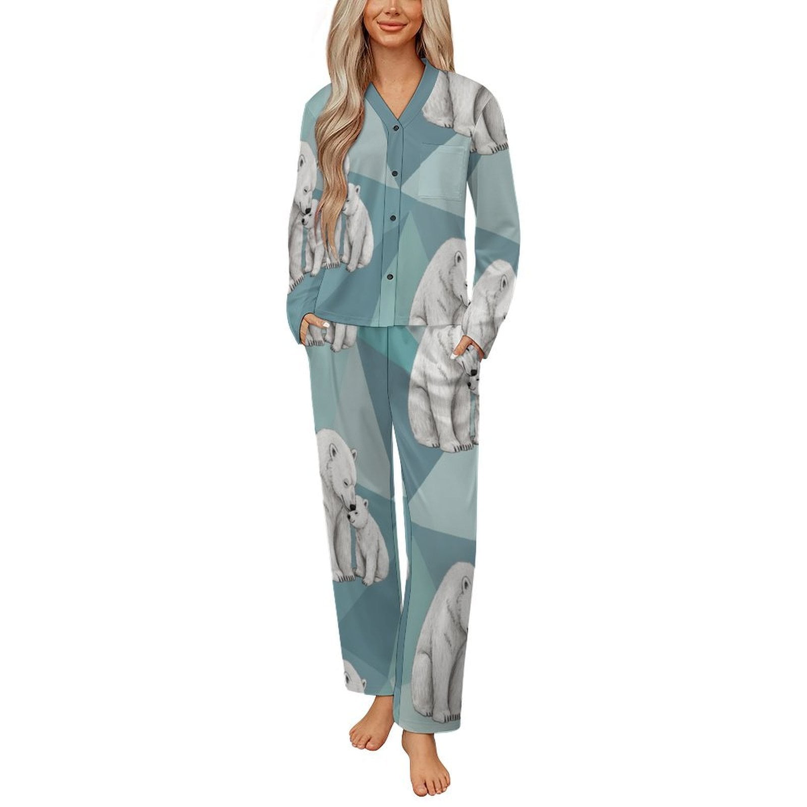 Polar Bear Cubs Cuddle Mama Bears Teal Pattern Womens Pyjamas Set ...