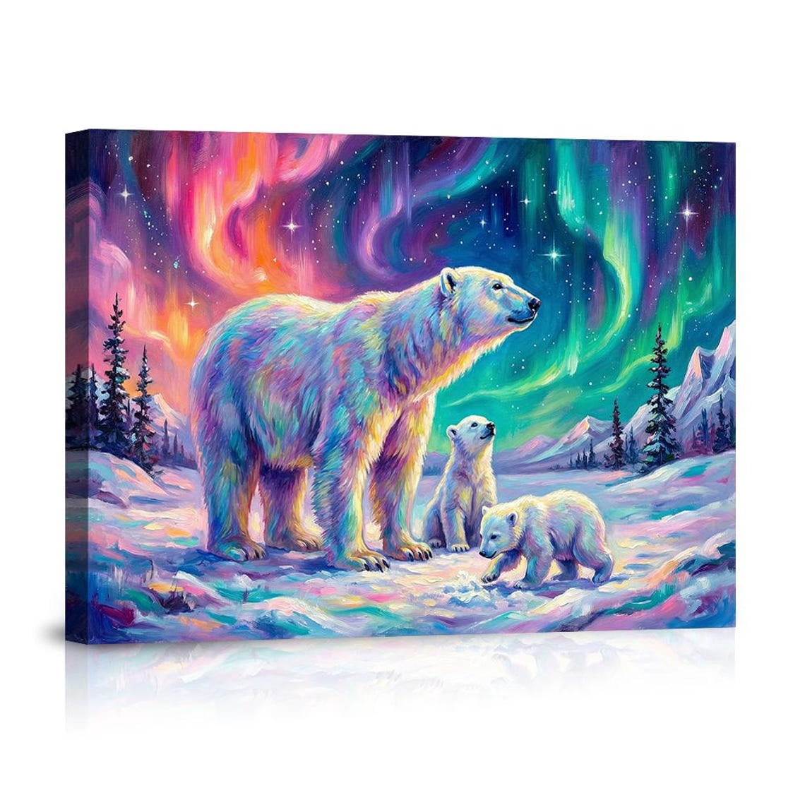 Polar Bear Family Under Vibrant Aurora Borealis Magical Arctic Wildlife ...