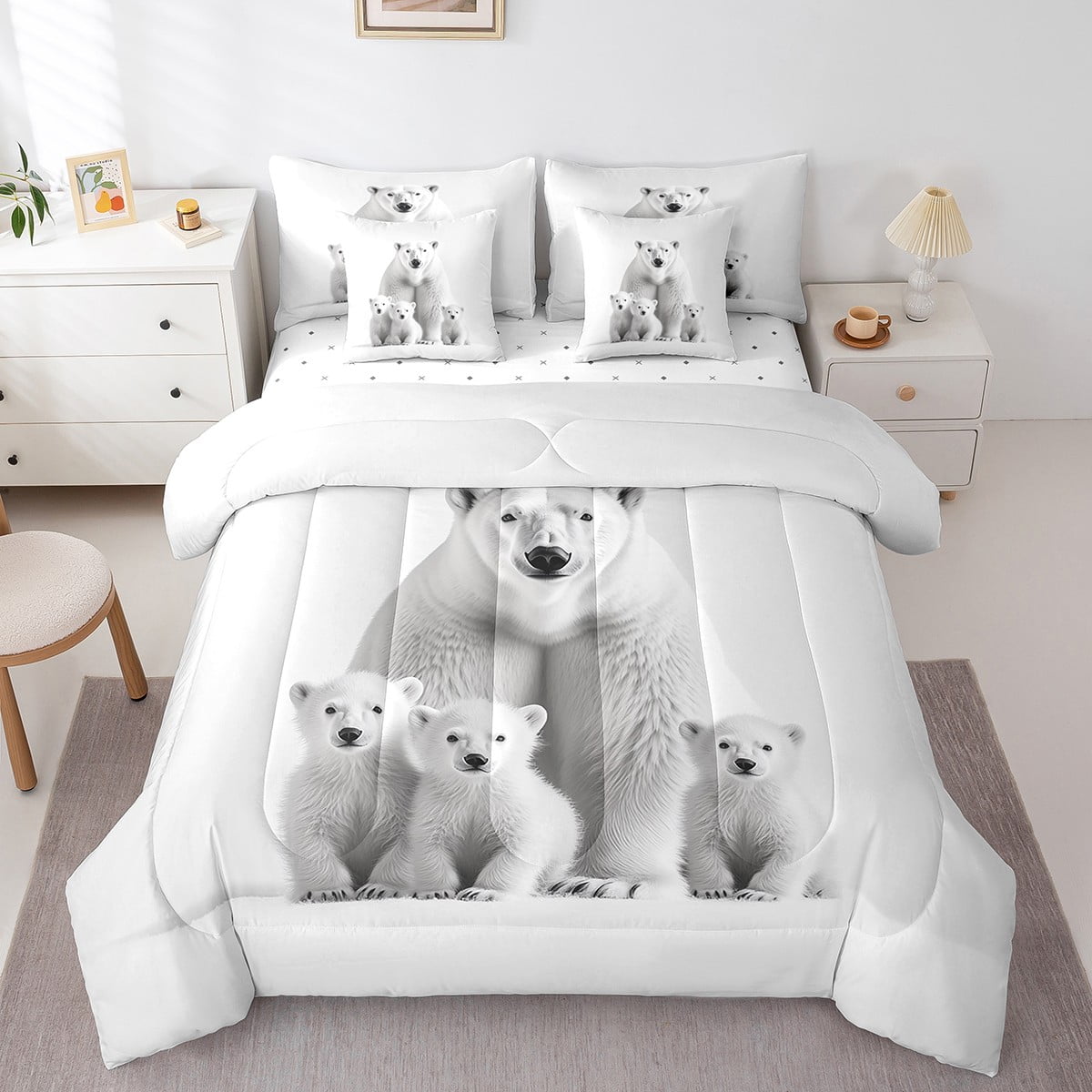 Polar Bear Full Comforter Set,White Bear Print Bedding Set 7Pcs Snow ...