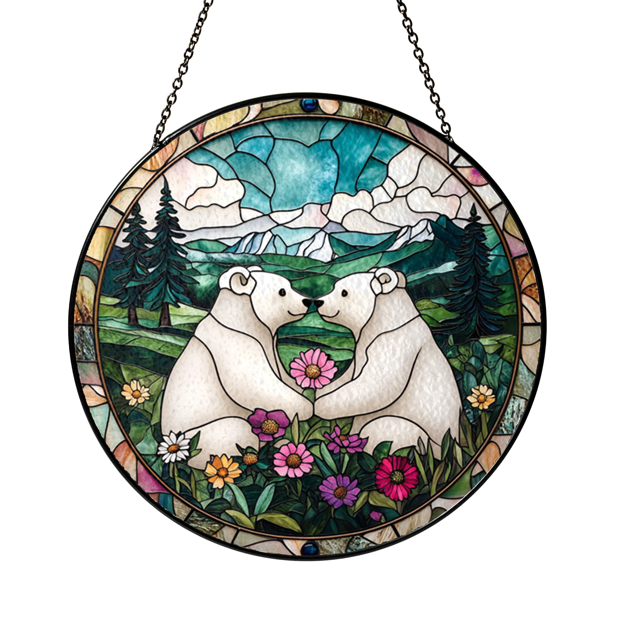 Polar Bear Pair Glass Style Suncatcher Window Hanging, Floral Wildlife ...