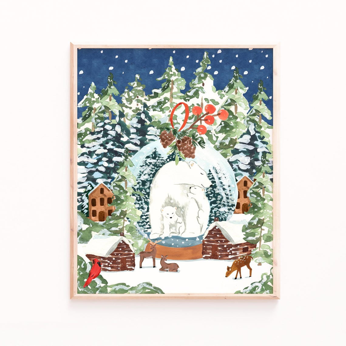 Polar Bear Snow Globe Art Poster Cozy Winter Forest Scene, Unframed ...