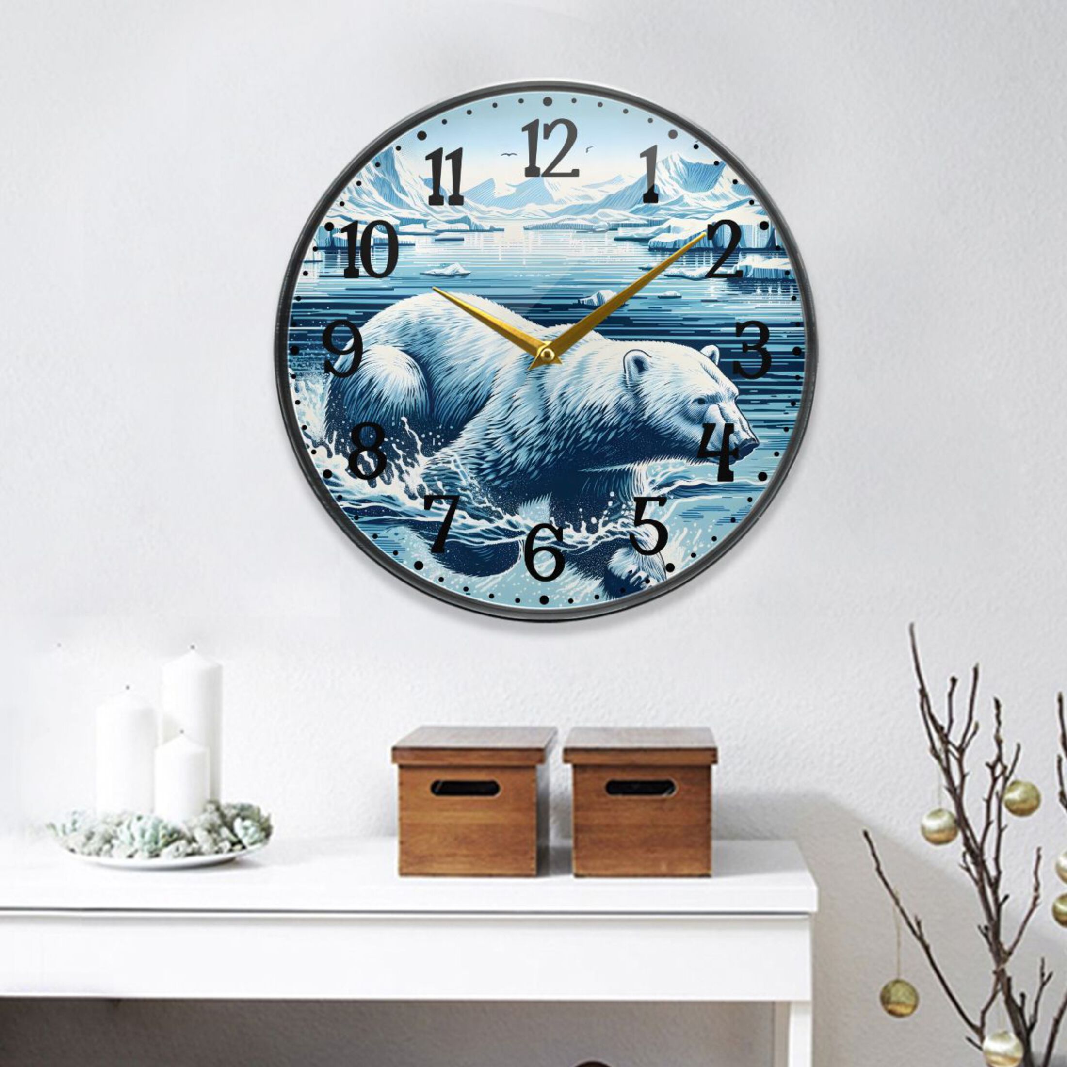 Polar Bear Swim in Water Round Wall Clock 12 Inch Non-Ticking Silent ...
