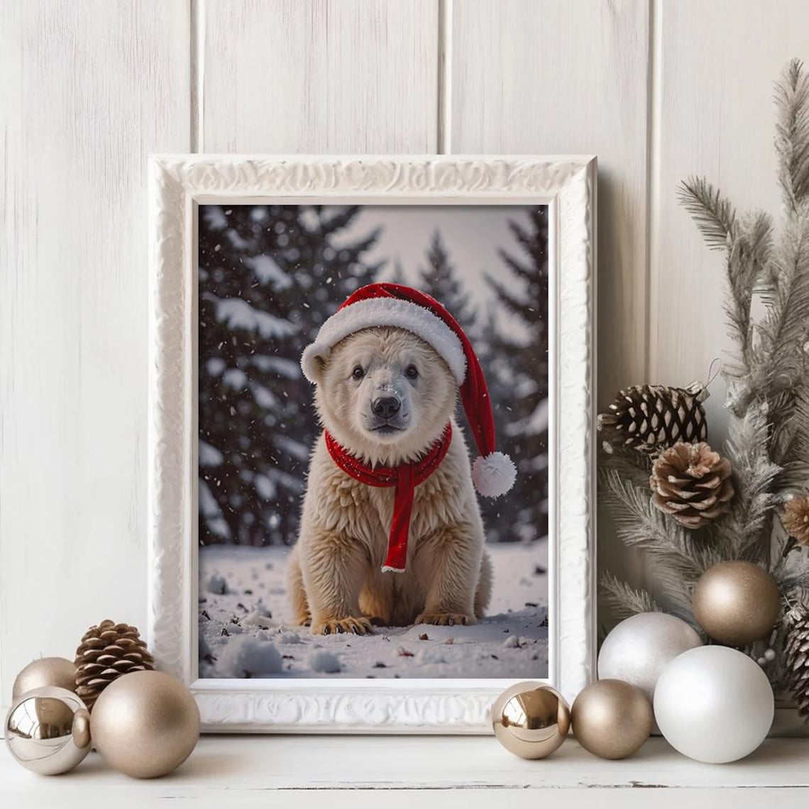 Polar Bear Winter Poster Winter Animal With Santa Hat UNFRAMED Poster ...