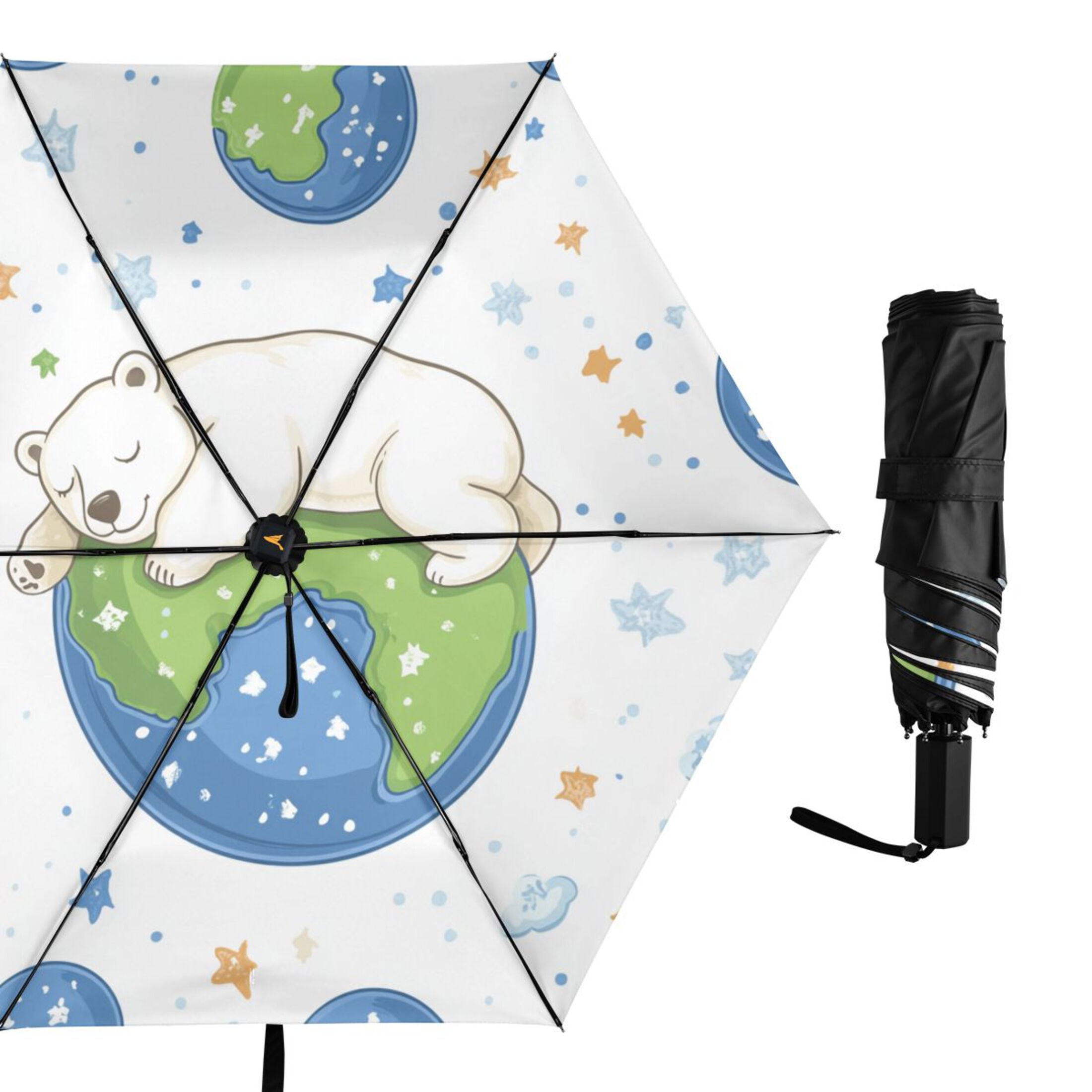 Polar Bear on Earth Stars Clouds Cartoon Triple Folding Umbrella ...