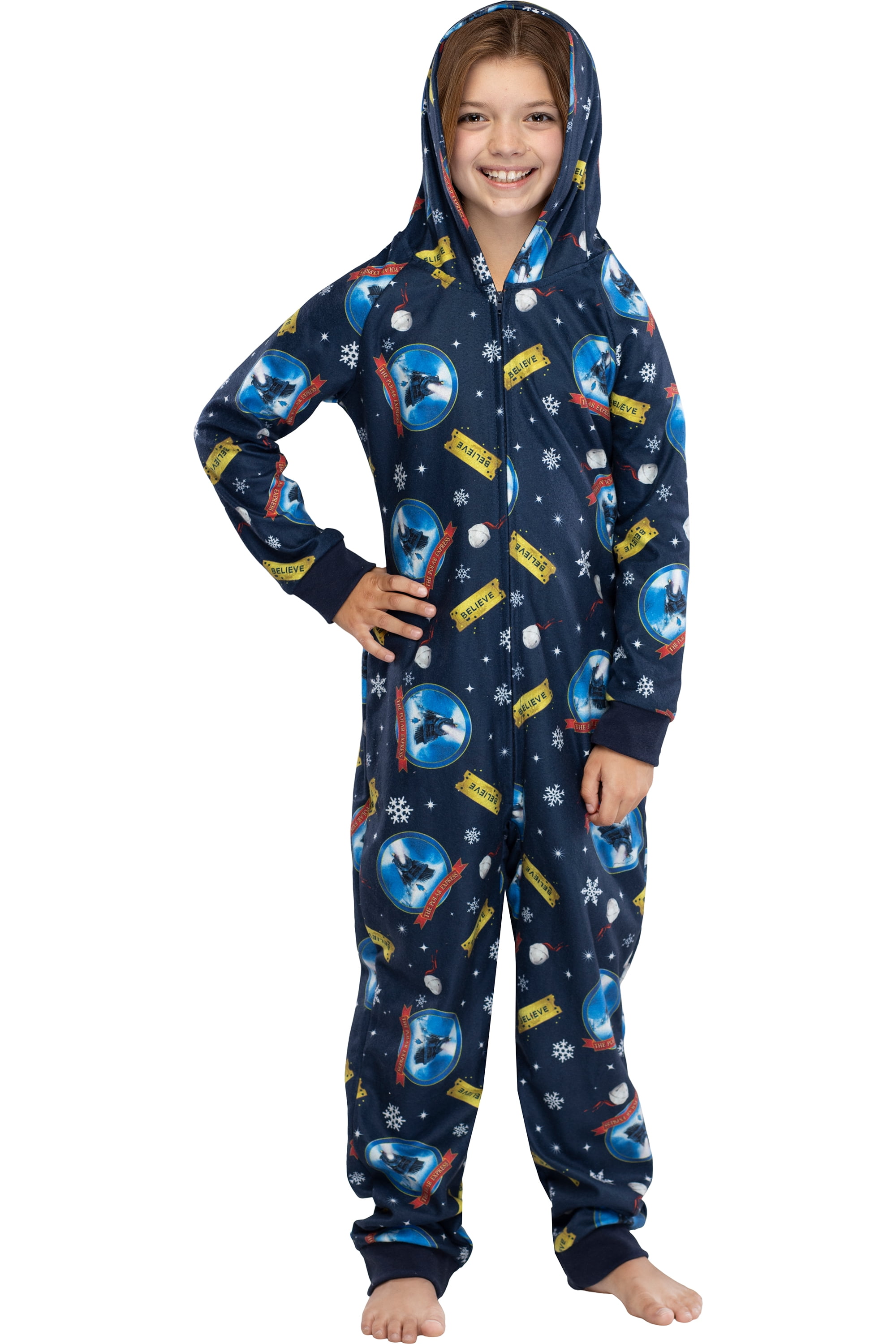 Polar Express Big Kids Believe Hooded One-Piece Footless Sleeper Union ...