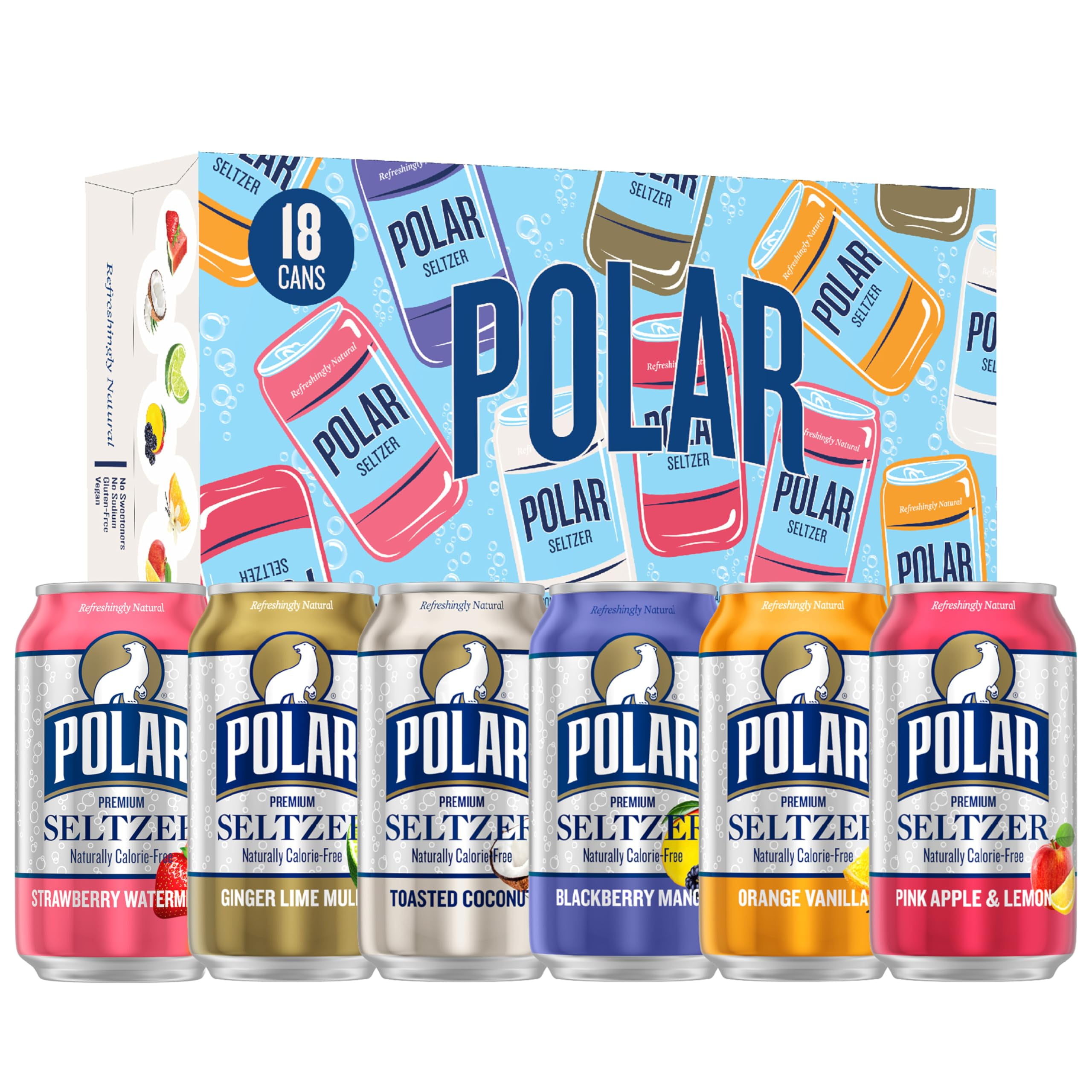 Polar Seltzer Water Sampler Variety Pack, 12 fl oz Cans, 18 Pack, No Artificial Sweeteners or ...