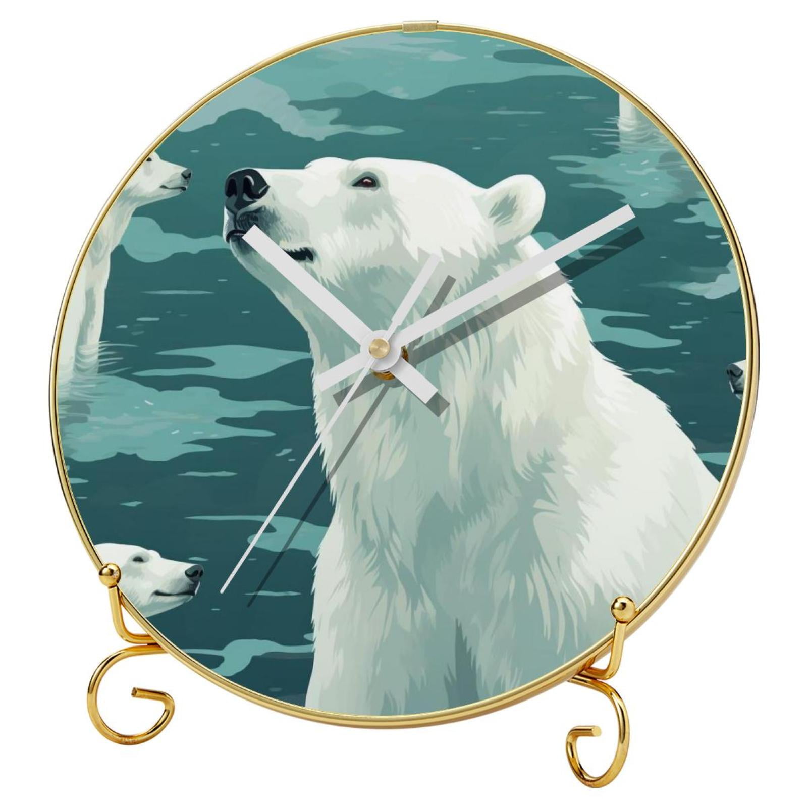 Polar bear Round Printed Wall Clock with Hooks and Gold Stand - Silent ...