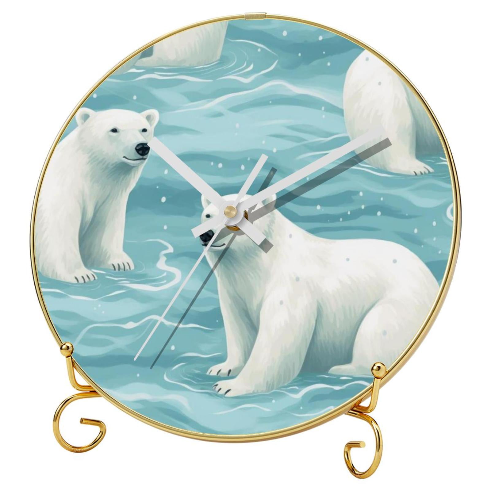 Polar bear Round Printed Wall Clock with Hooks and Gold Stand - Silent ...
