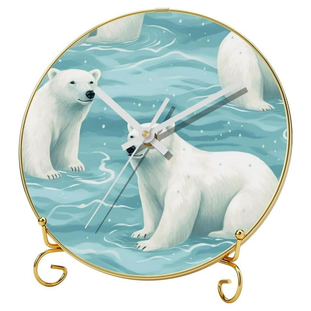 Polar bear Round Printed Wall Clock with Hooks and Gold Stand - Silent ...
