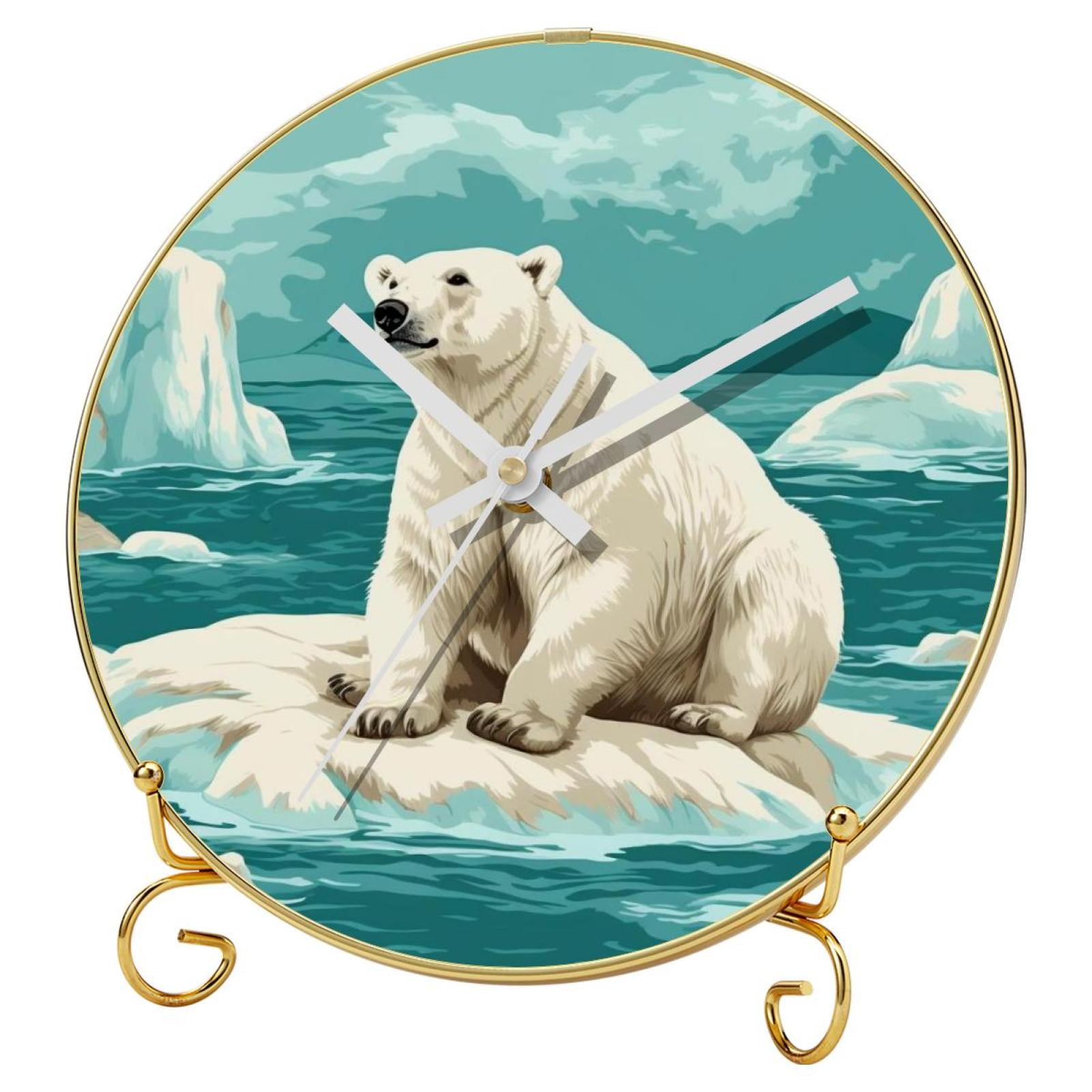 Polar bear Round Printed Wall Clocks with Hooks and Gold Stand, Silent ...