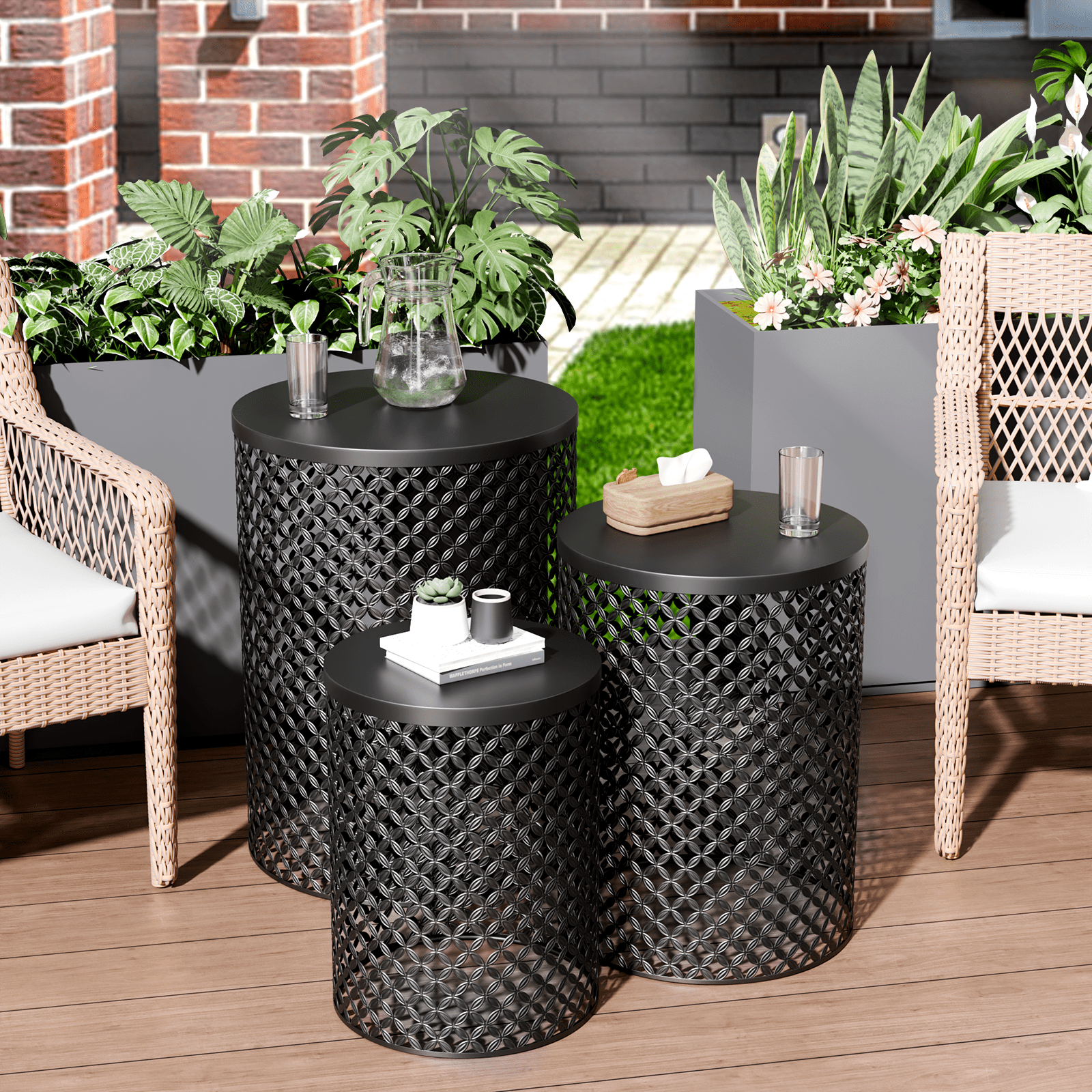 PolarcoForgeco Outdoor Side Table Set of 3, Round Metal Frame Patio ...