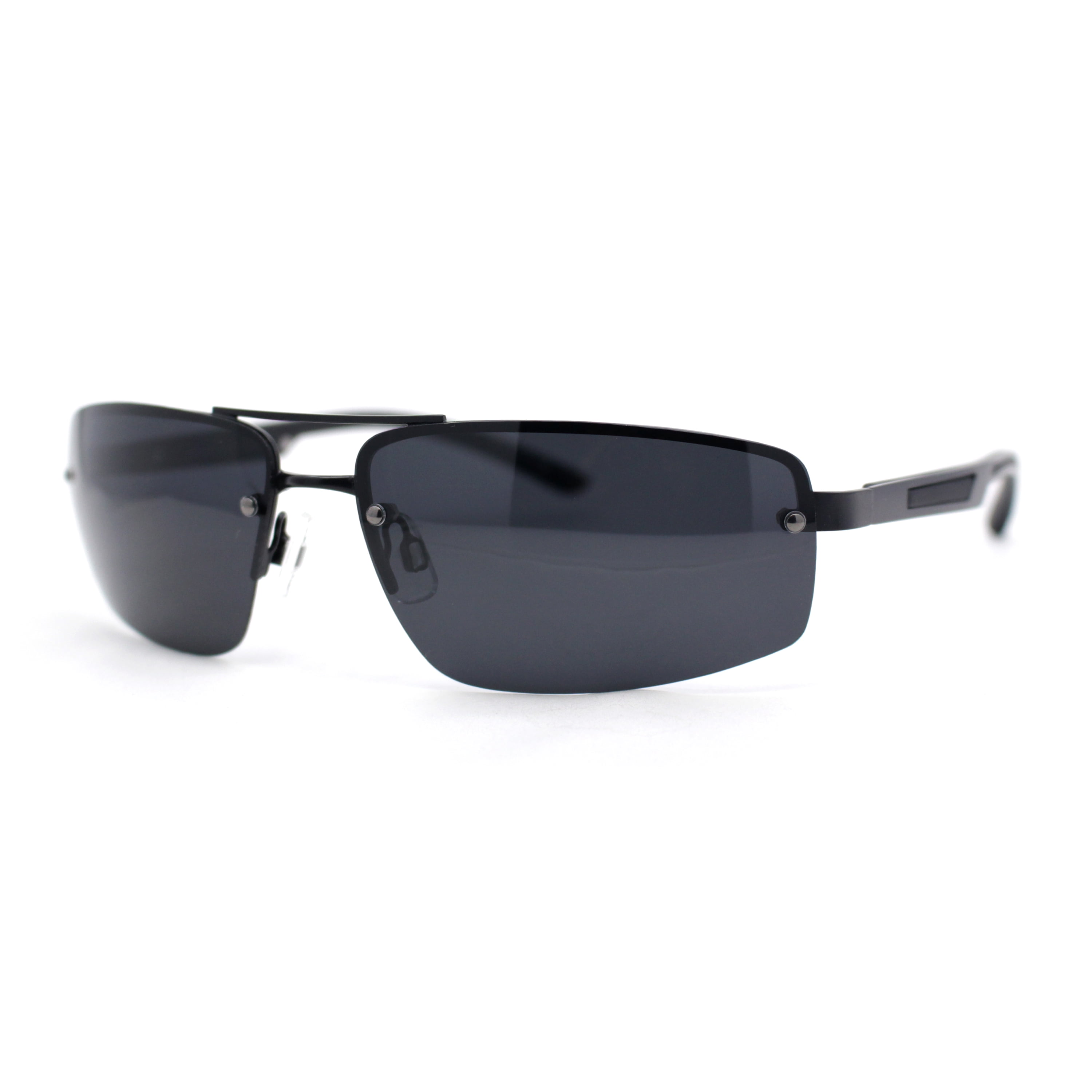 Polarized Antiglare Mens Rimless Rectangle Metal Rim Agent Sunglasses All Black