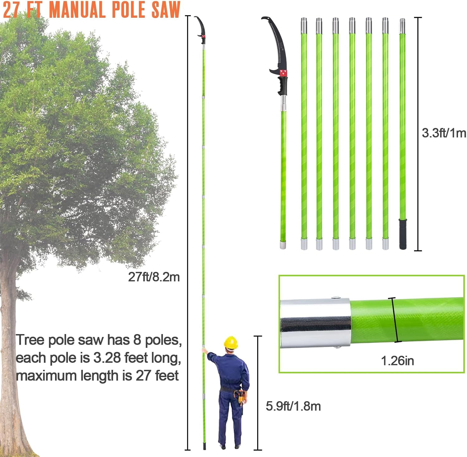 Pole Saws for Tree Trimming, 7.3-27 ft Manual Pole Saw Extendable Tree ...