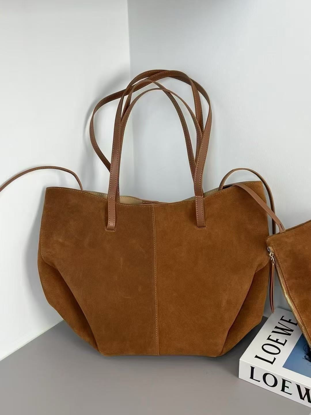 Polene Cyme Matte Suede Wing Shopping Tote Bag (Brown) 53*32*11CM ...