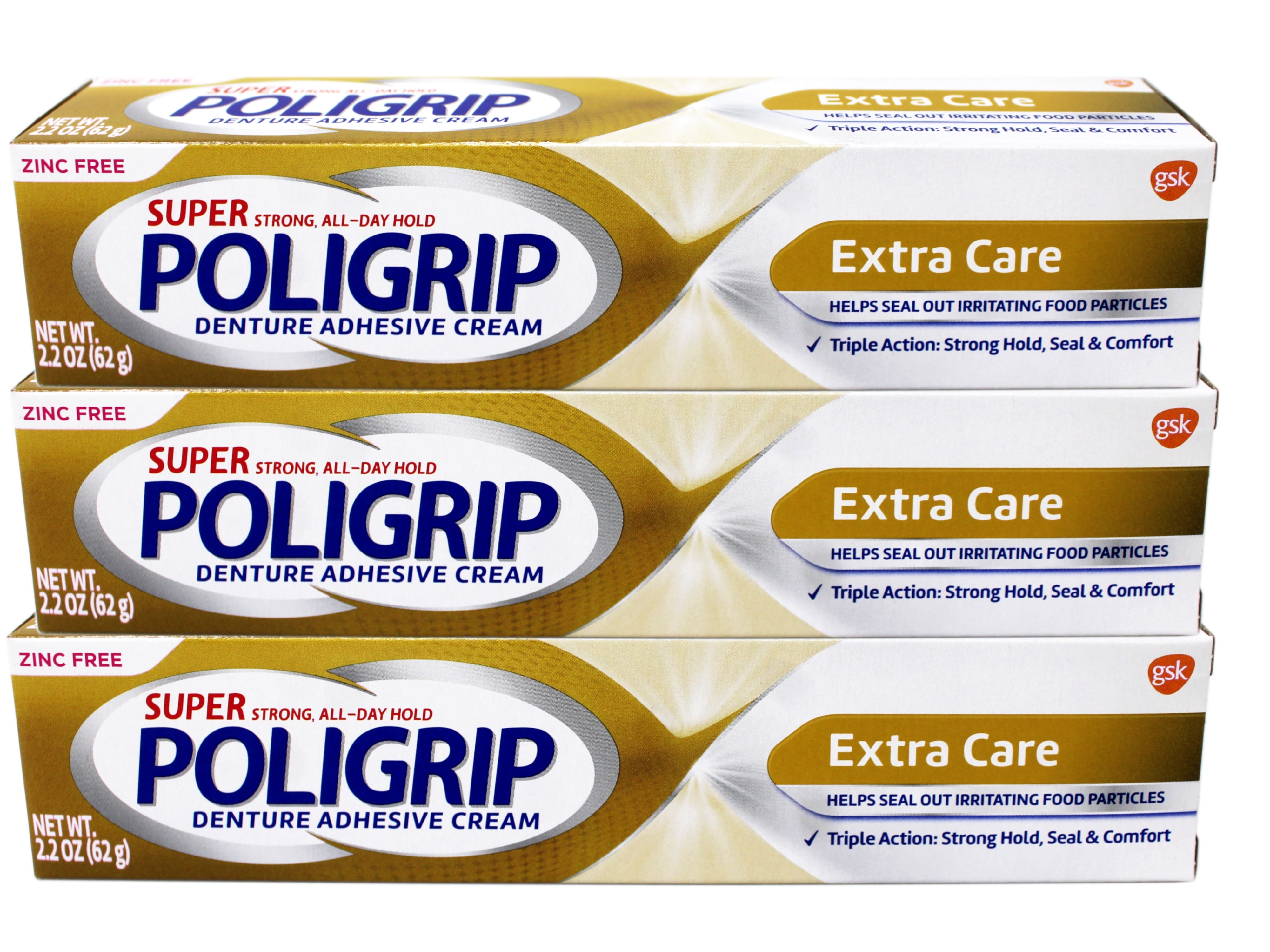 PoliGrip Super, Denture Adhesive Cream, Extra Care - 2.2 oz (Pack of 3 ...