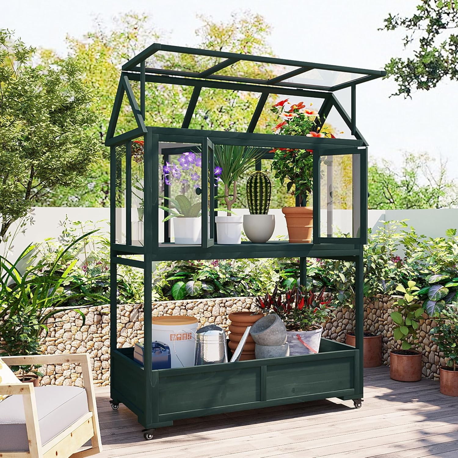 Polibi 47.2" Portable Cold Frame Greenhouse with Wheels & Storage Box ...