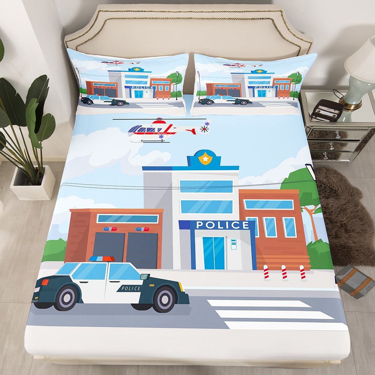 Police Car Bed Sheets, Twin Size Helicopter Police Vehicle Fitted Sheet ...