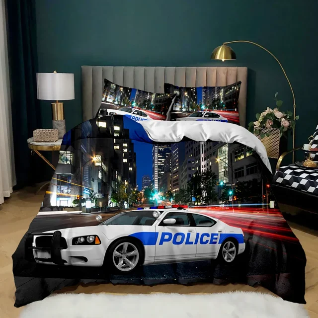 Police Car Duvet Cover Black Policeman Car Twin Bedding Set Cartoon ...