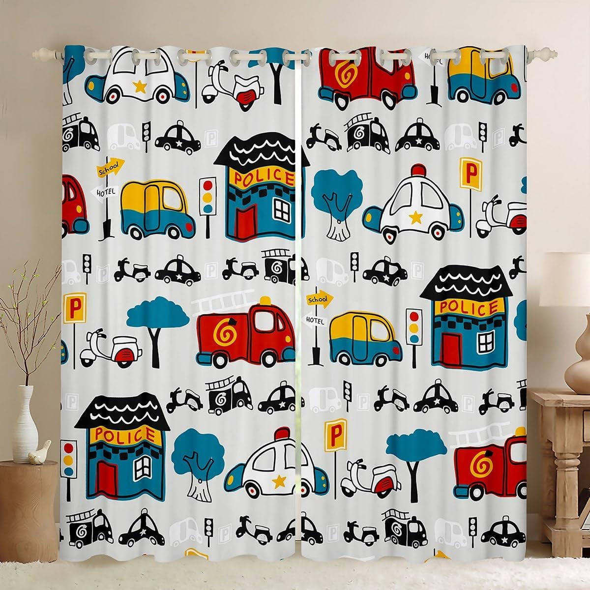 Police Car Fire Trucks Window Curtain, Kids Cartoon Construction Car ...
